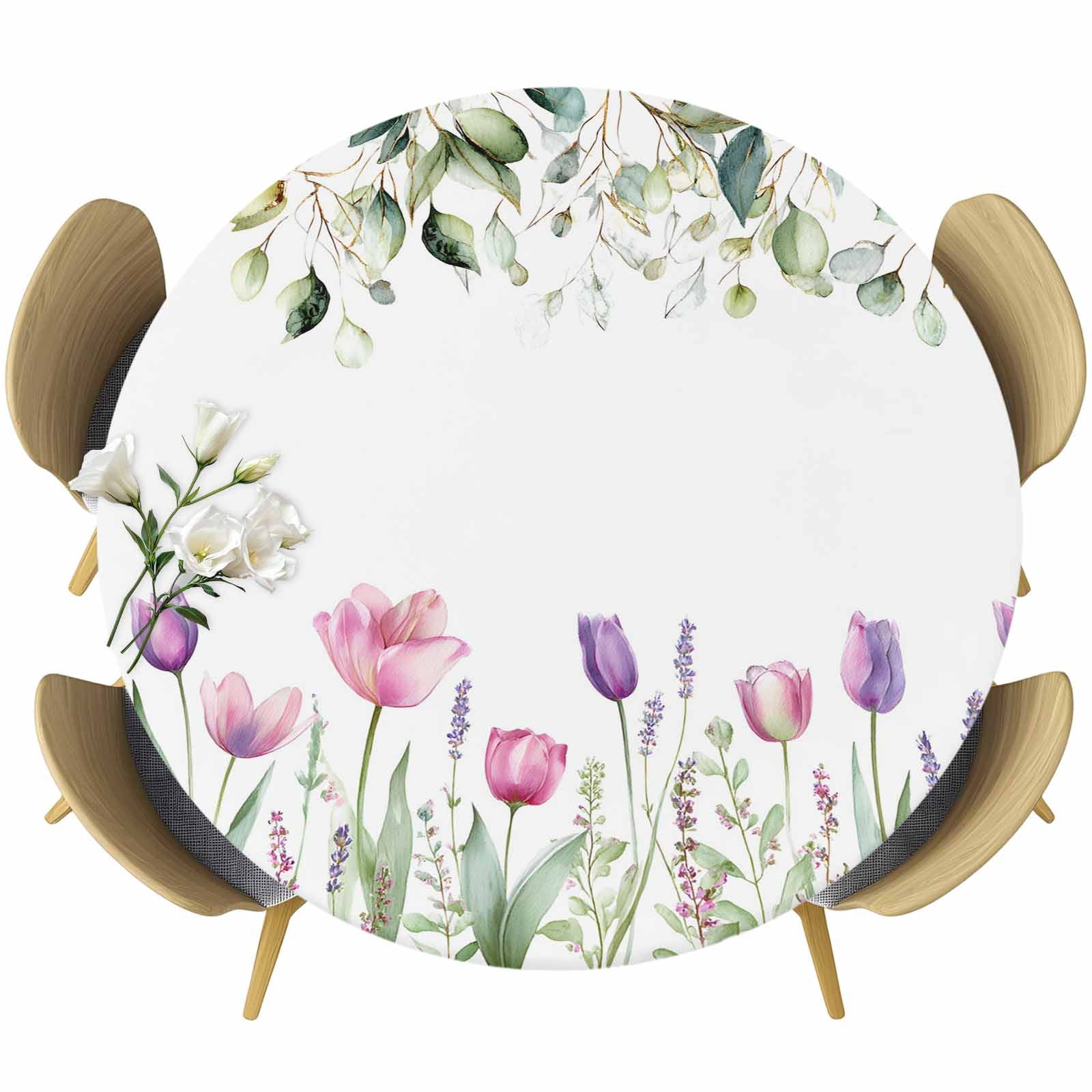Country Flower Tulip Watercolor Fitted Round Tablecloths Table Covers ...