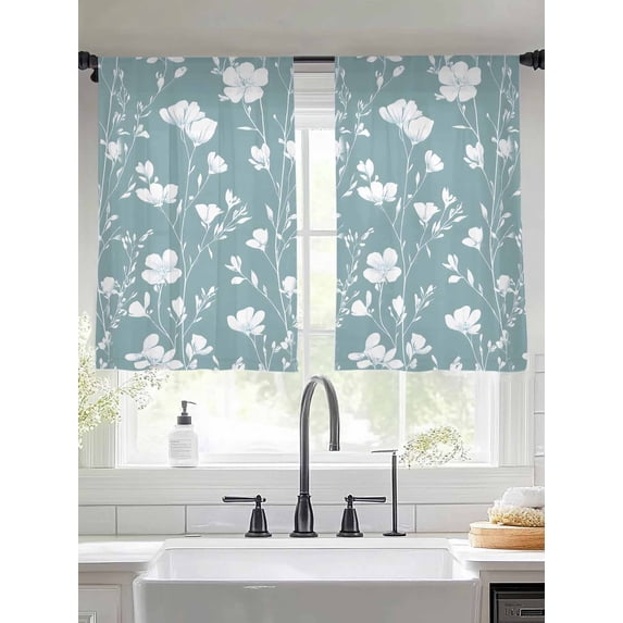 Country Flower Watercolor Blue Chiffon Sheer Curtains 45 Inches Long ...