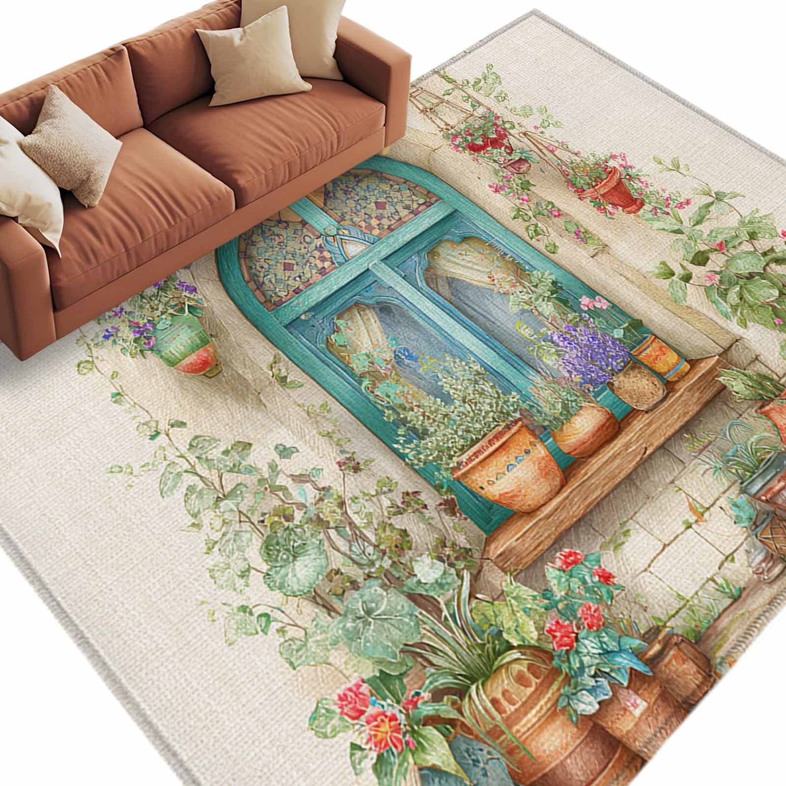 Country Flowers Area Rugs Collection 5'x7', Farmhouse Floral Windows ...