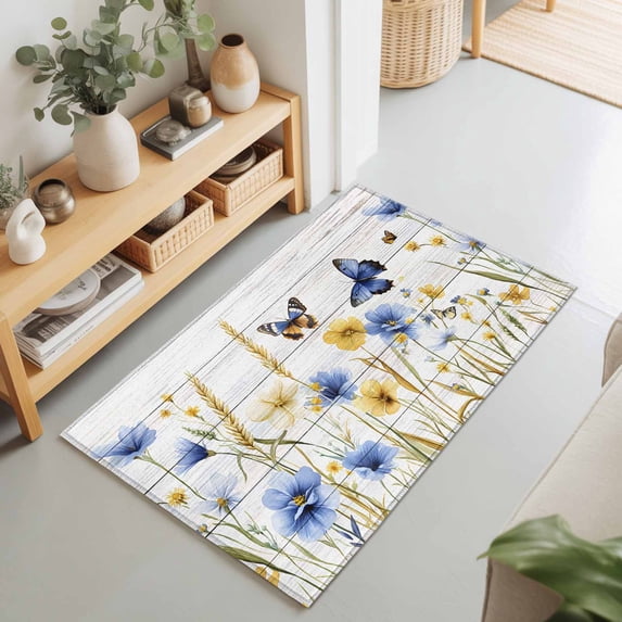 Country Flowers Butterflies Rectangle Rug 2'x3' Yellow Blue Floral on ...