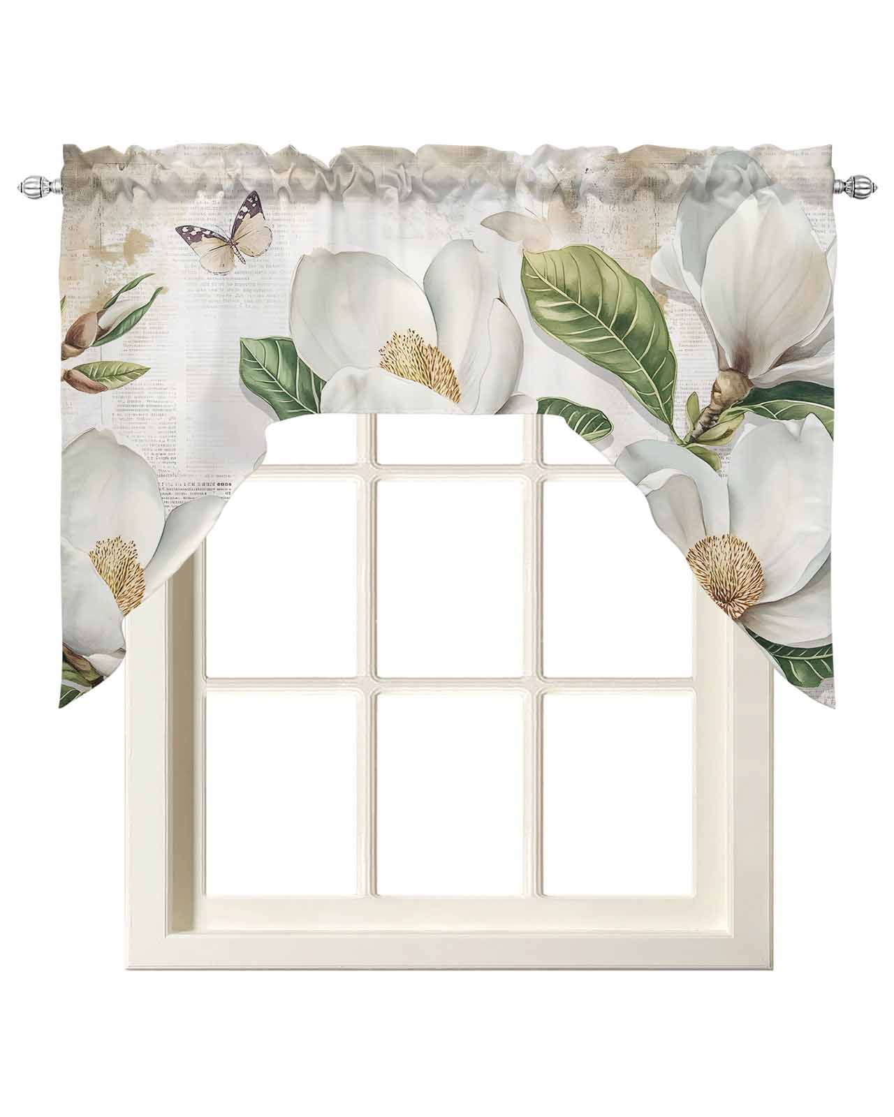 Country Flowers Kitchen Swag Valances for Windows, Botanical White ...