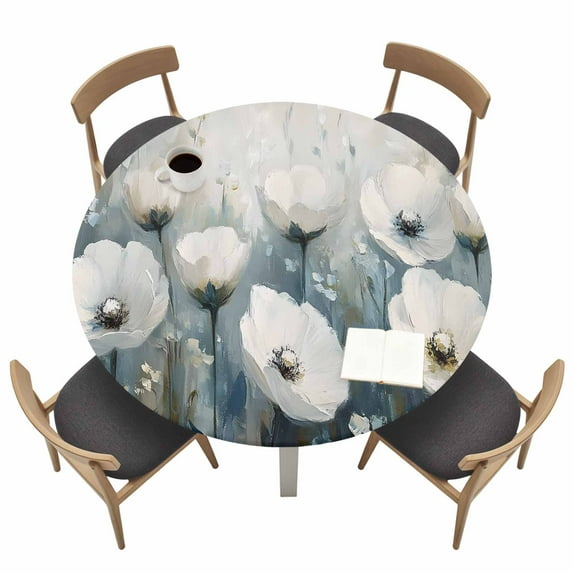 Country Flowers Round Fitted Tablecloth with Elastic Edge Retro White ...