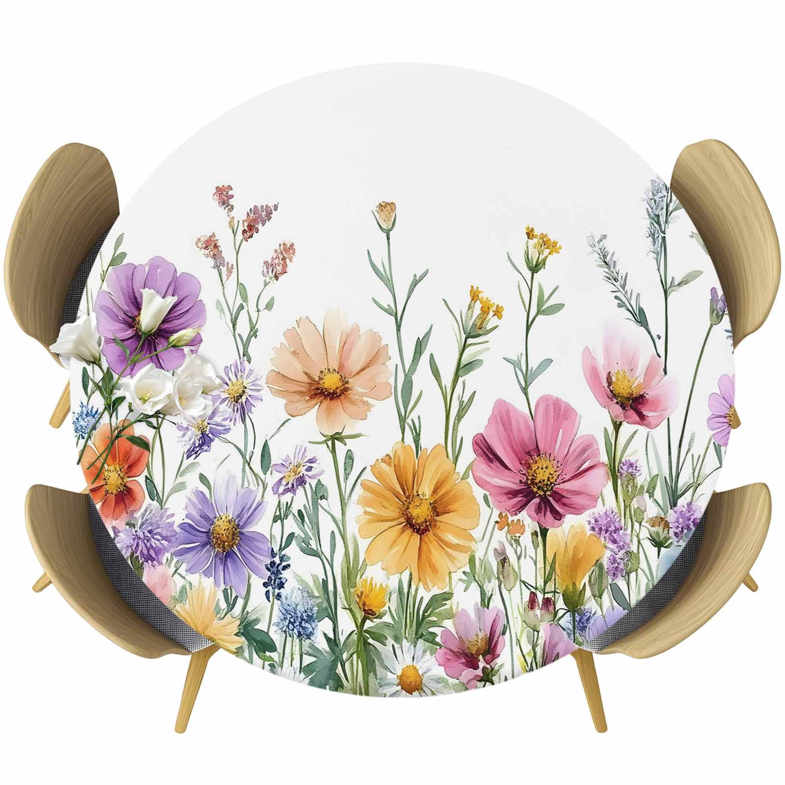 Country Flowers Round Fitted Tablecloth with Elastic Edge, Watercolor ...