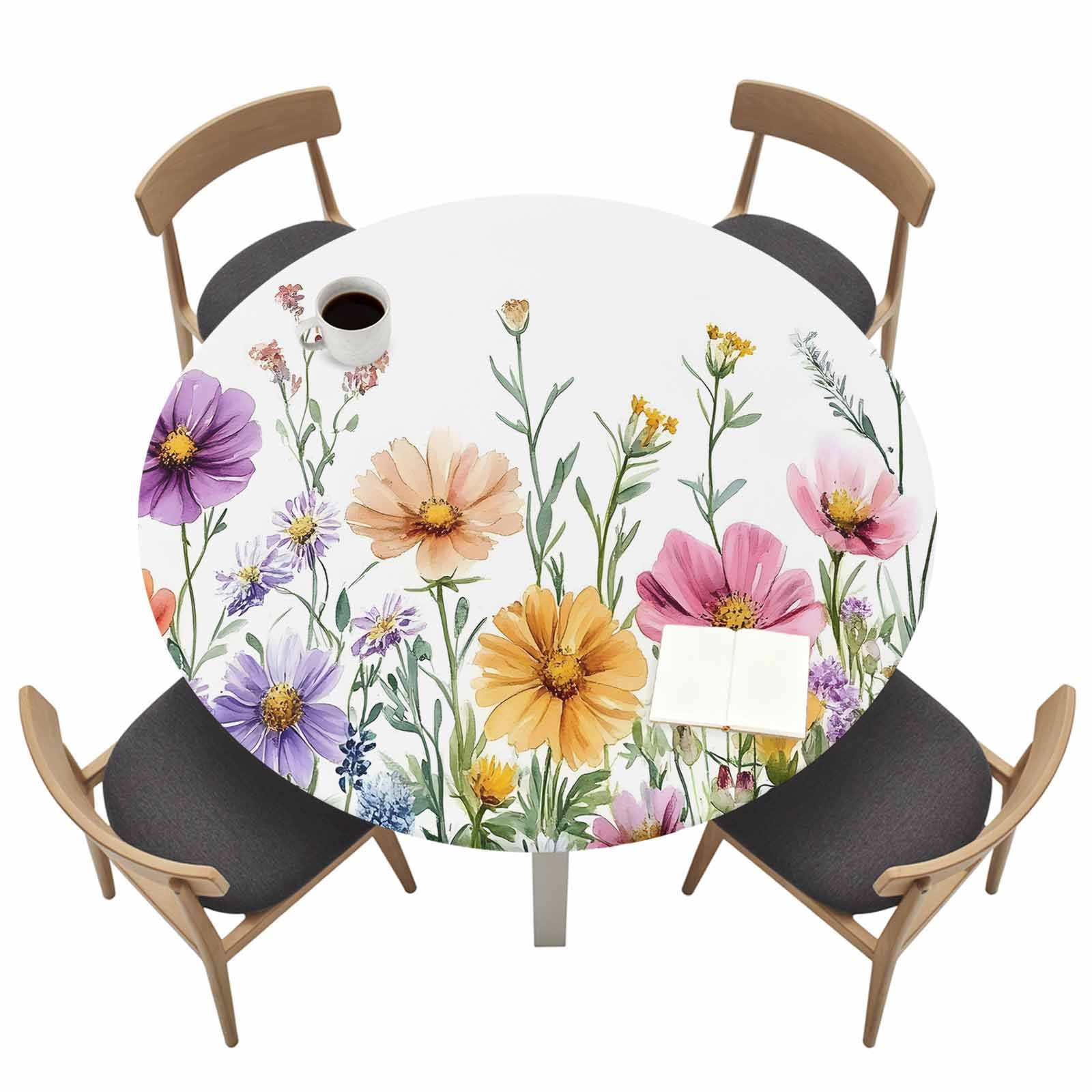 Country Flowers Round Fitted Tablecloth with Elastic Edge Watercolor ...