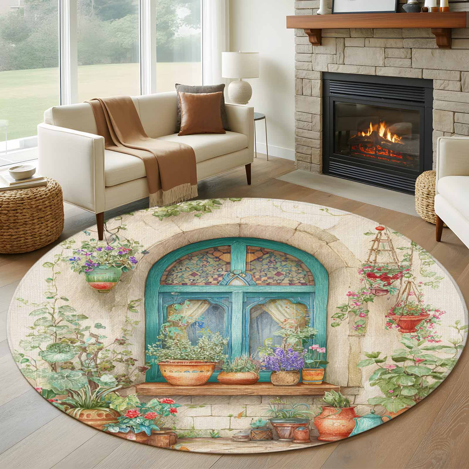Country Flowers Round Rug 5ft Washable Circle Kitchen Rugs Non Slip ...