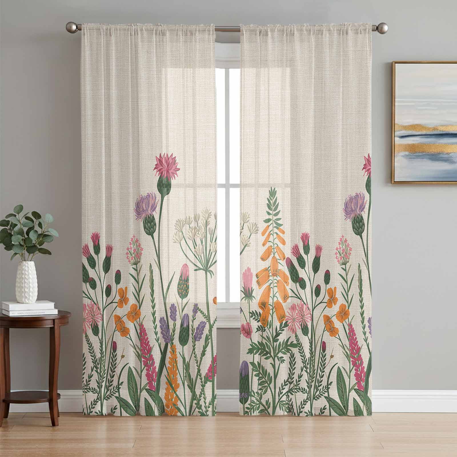 Country Flowers Sheer Curtains 63 Inch Length 2 Panels Set, Farmhouse ...