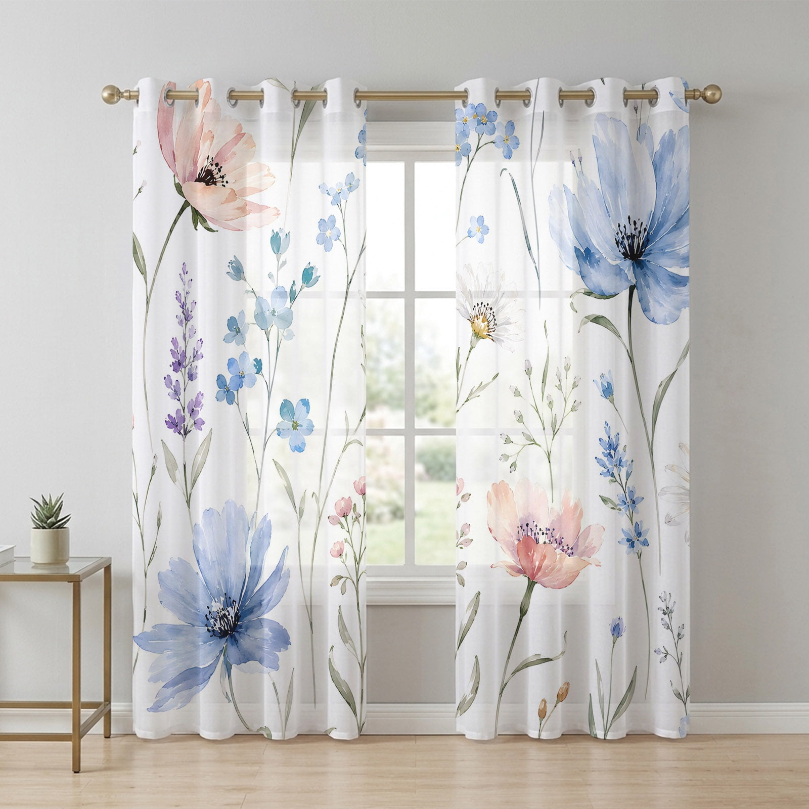 Country Flowers Sheer Curtains 84 Inch Long 2 Panels, Rustic Botanical ...