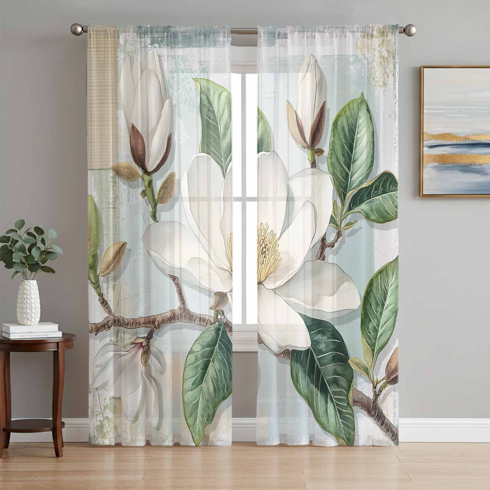 Country Flowers Sheer Curtains 96 Inch Length 2 Panels Set, Spring ...