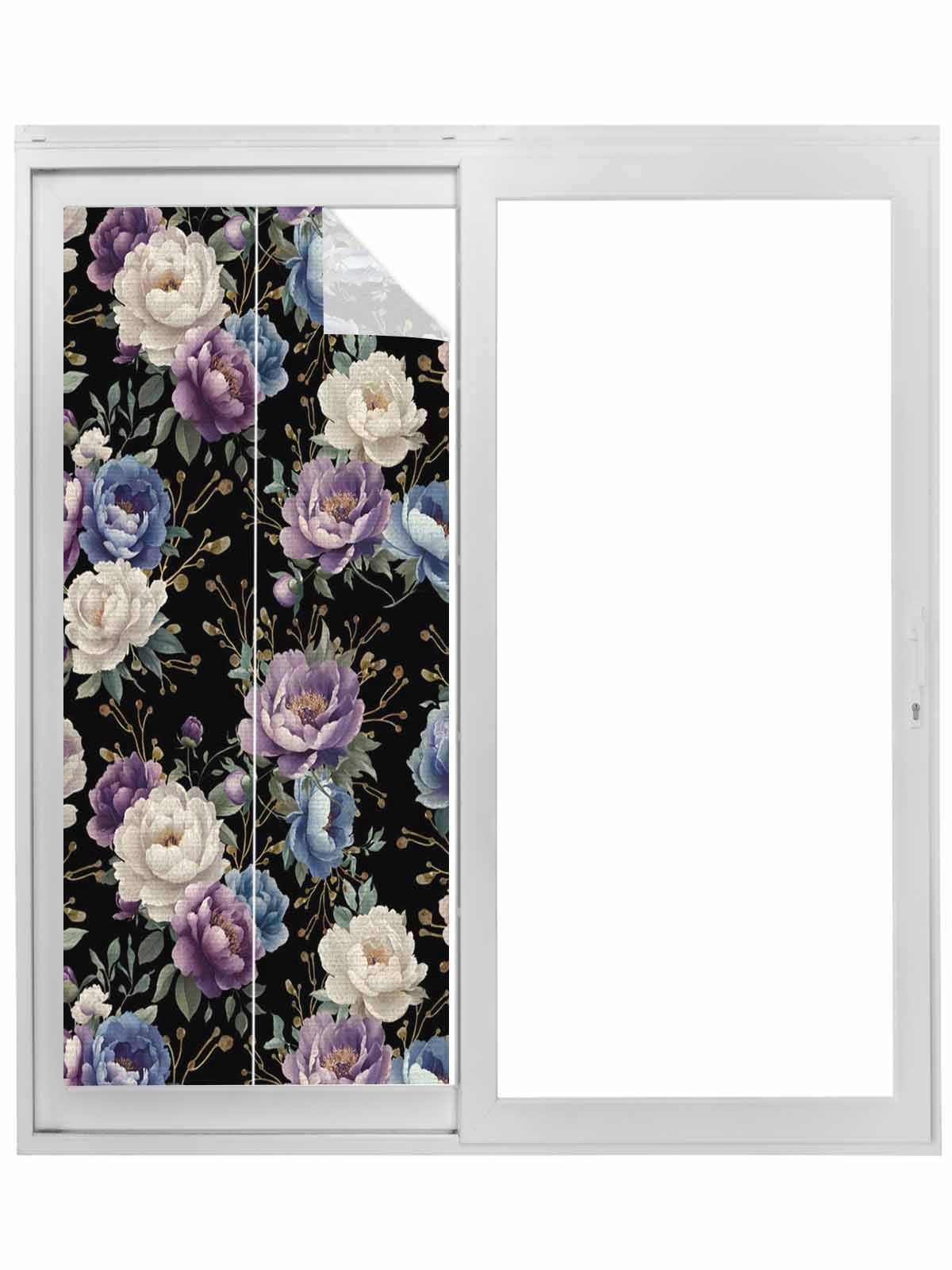 Country Flowers Window Privacy Film, Botanical Purple Blue Floral Black ...