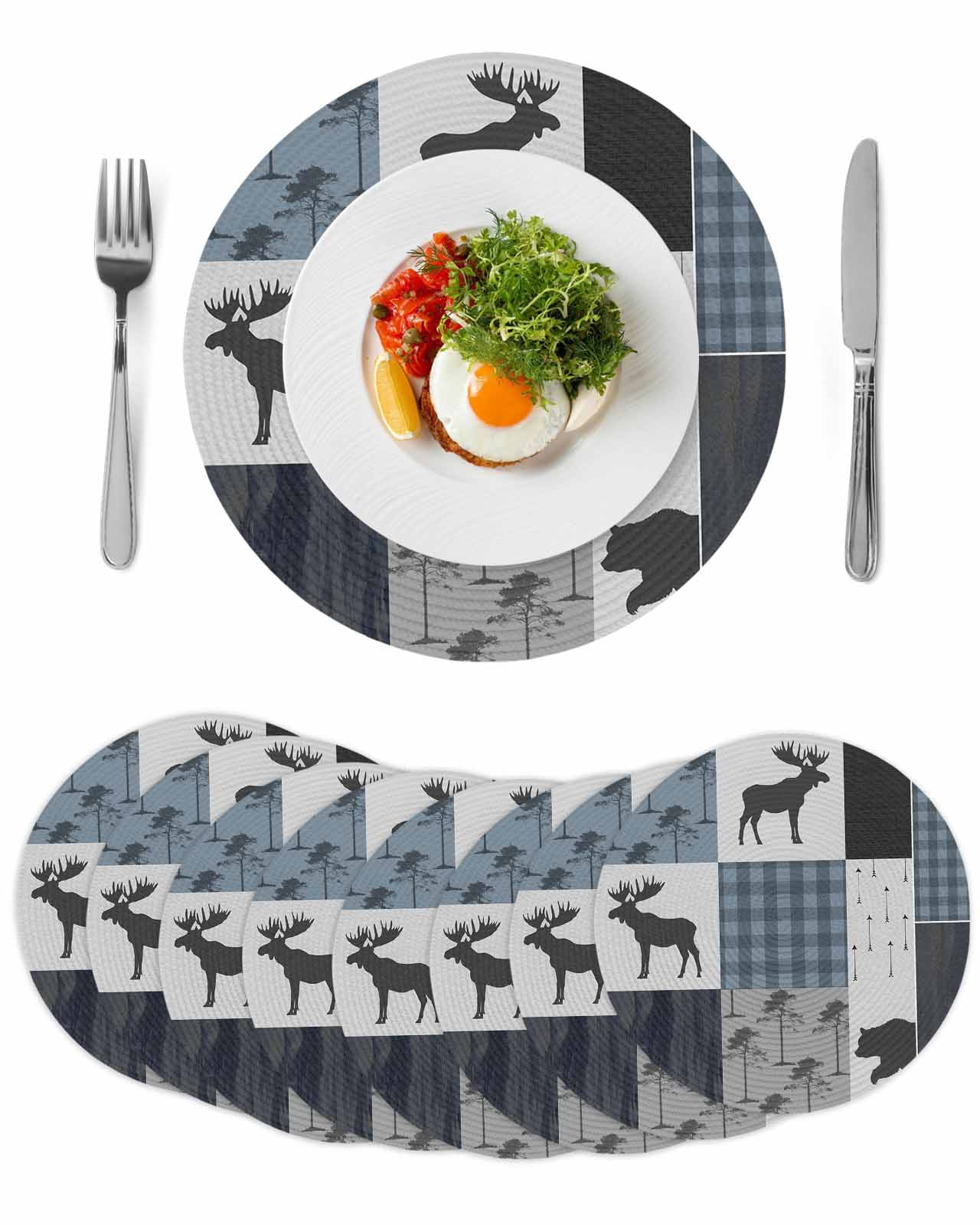 Country Forest Bear Moose Round Table Placemats set of 8, Rustic ...