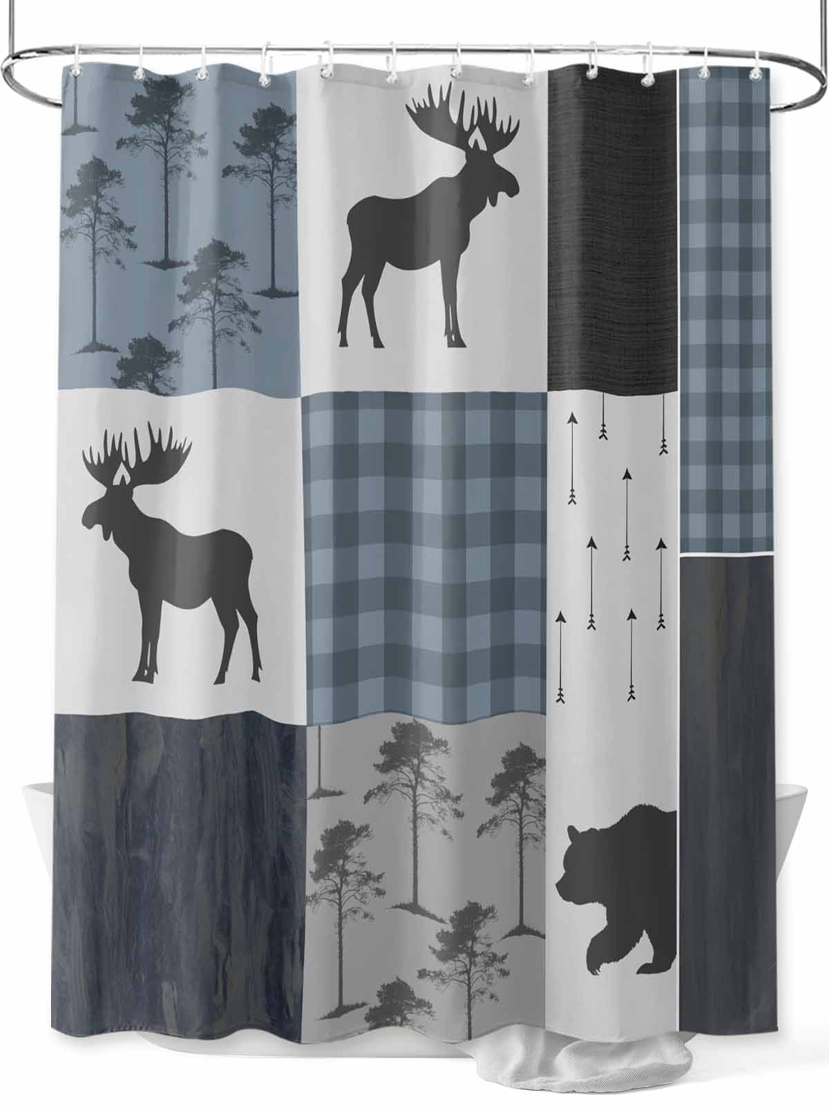 Country Forest Bear Moose Shower Curtain, Rustic Farmhouse Blue Black ...