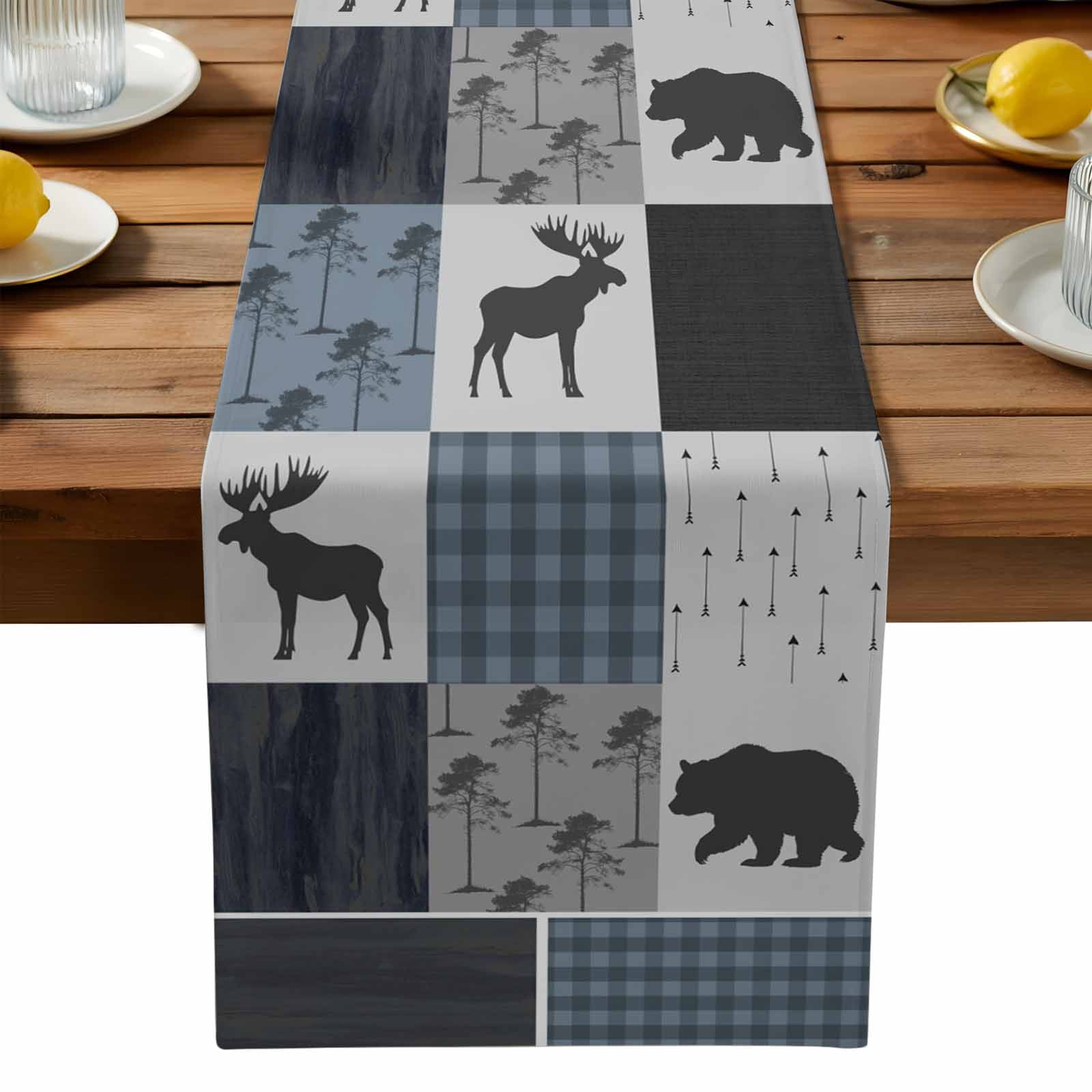 Country Forest Bear Moose Table Runner, Rustic Farmhouse Blue Black ...