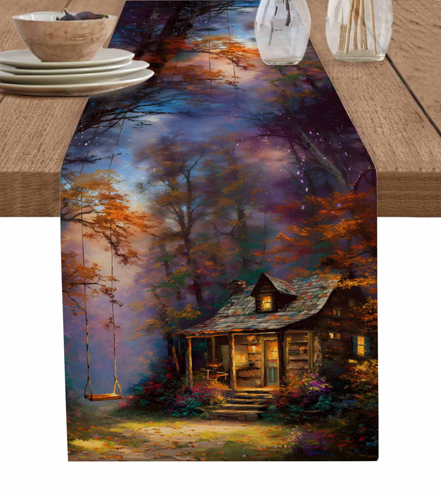 Country Forest Burlap Cotton Table Runner 13x36 Inches Short, Farmhouse ...