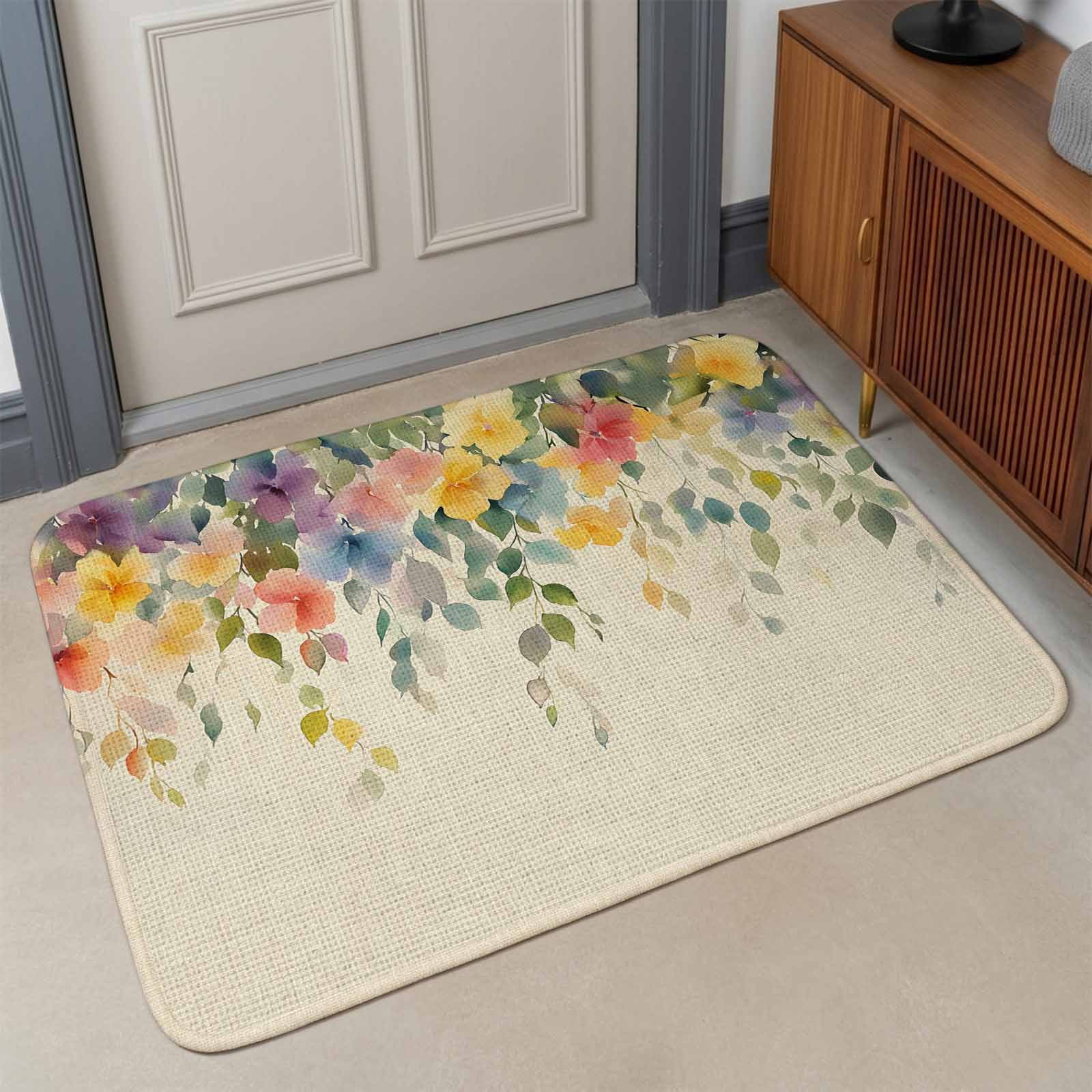 Country Front Door Mat Indoor Entrance, Watercolor Pastoral Wildflowers ...
