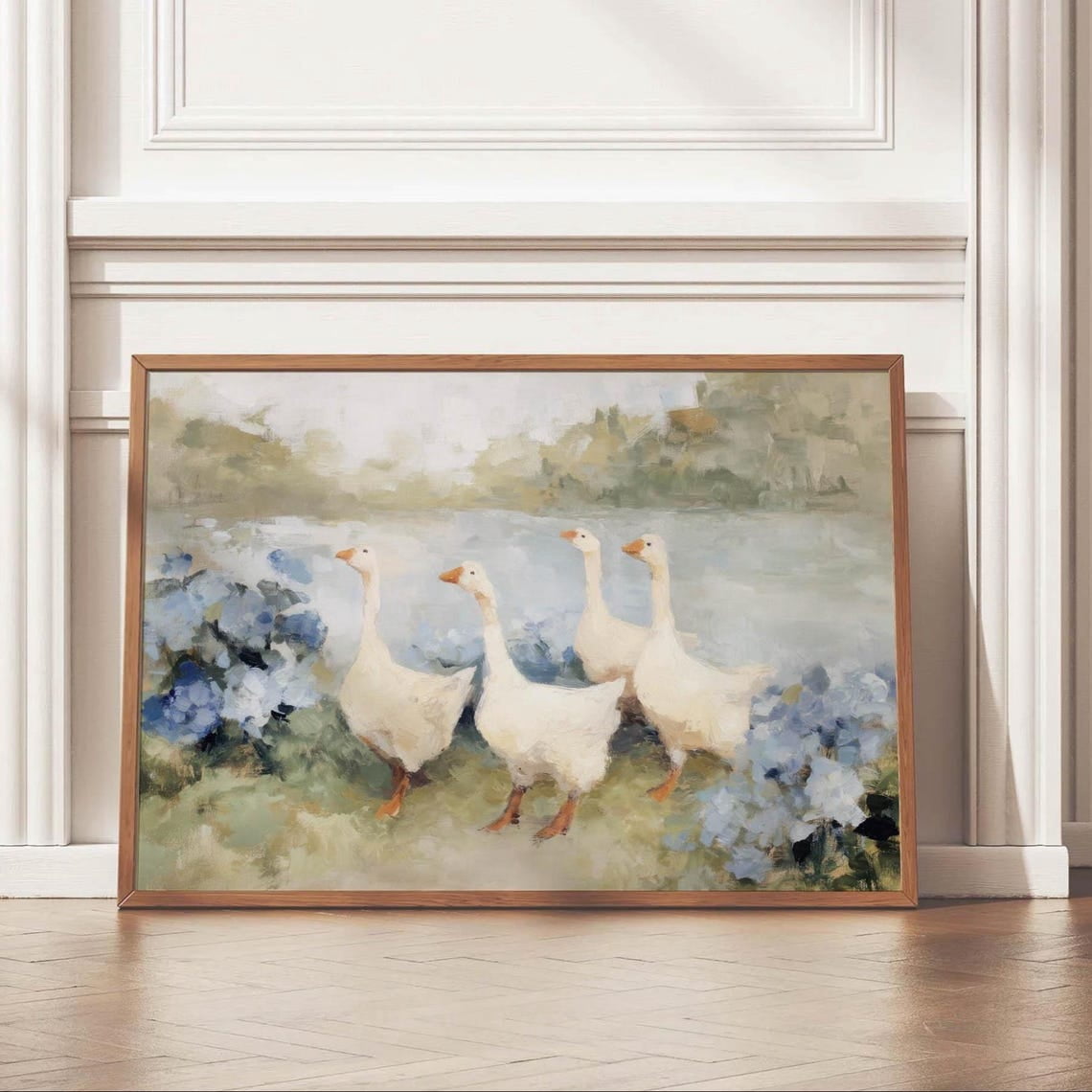 Country Geese Hydrangeas Blue Cottagecore Landscape Country Vintage ...