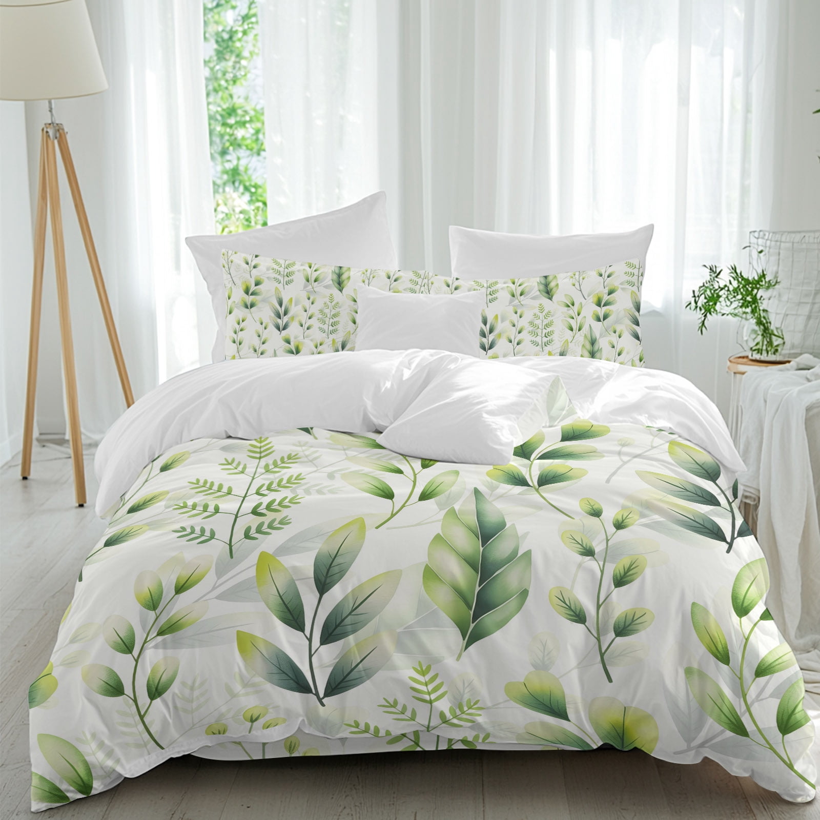 Country Green Leaves Herb Full Size Bed Set,Spring Botanical Branches ...