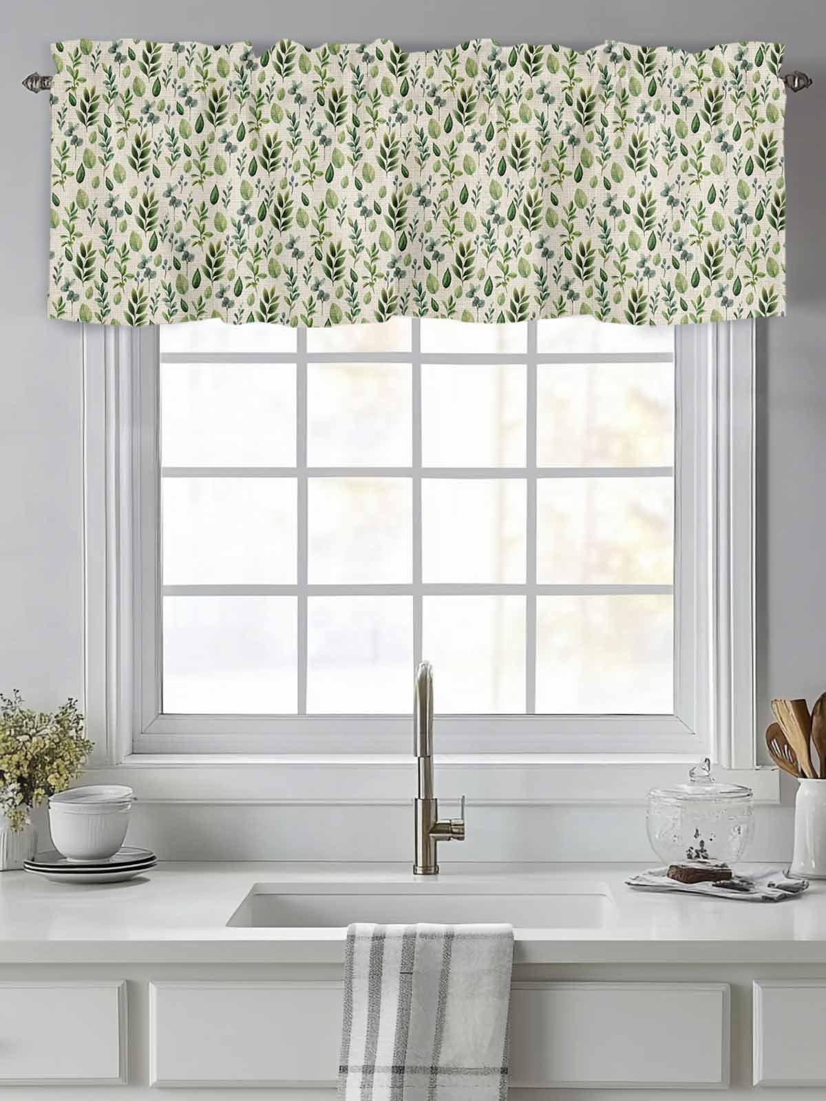 Country Green Watercolor Leaves Seamless Valances for Windows,Kitchen ...