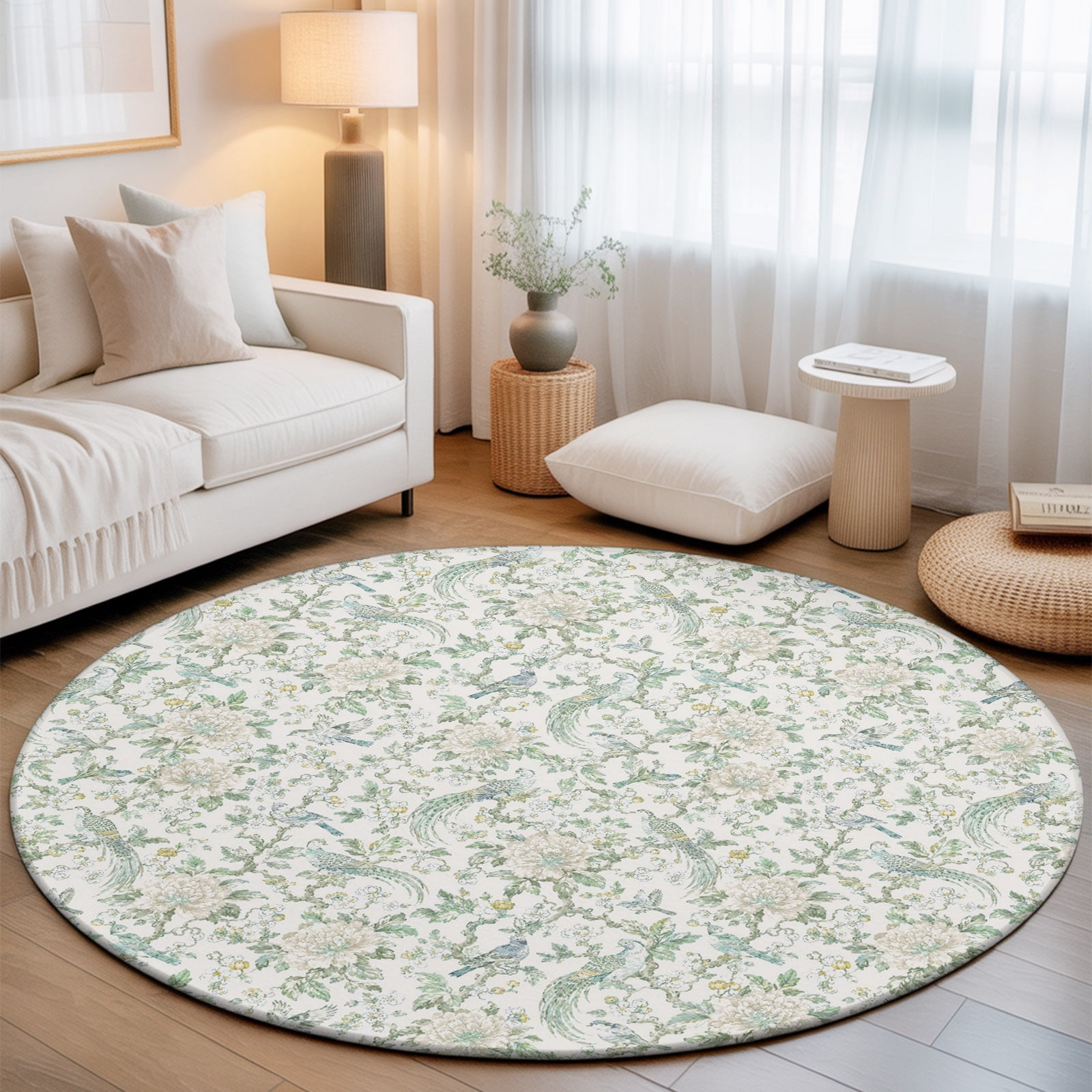 Country Green Wildflowers Round Living Room Rugs 5 ft, Rustic Farmhouse ...