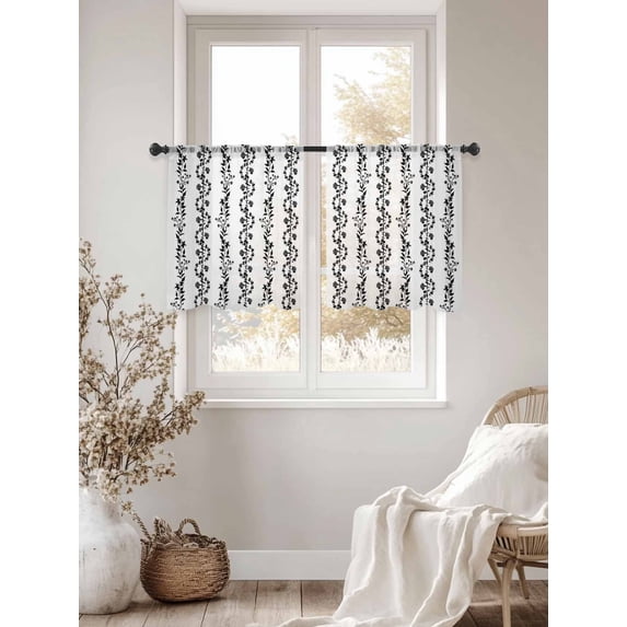 Country Herb Leaves Black White Chiffon Sheer Curtains 45 Inches Long ...