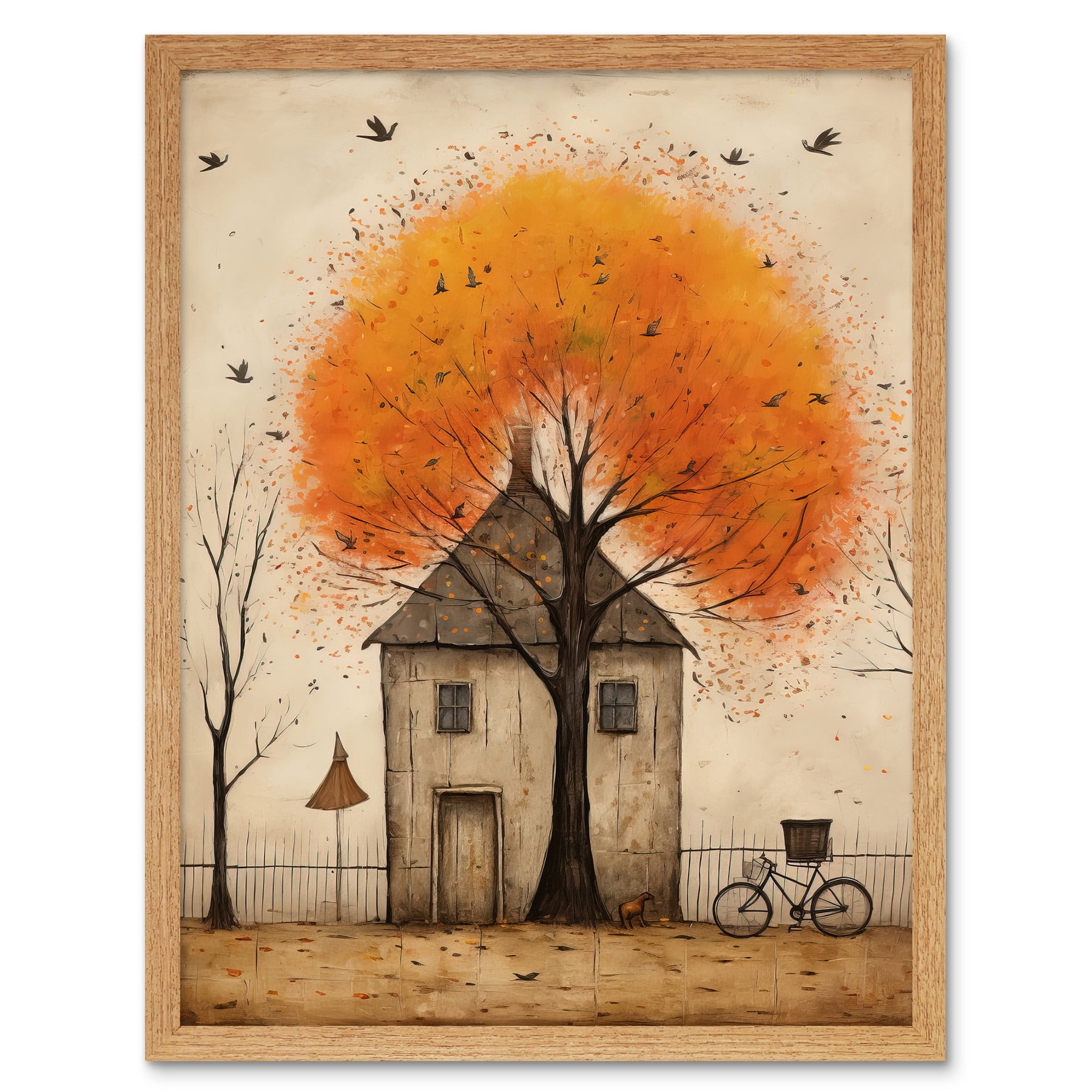 Country House Autumn Tree Oil Painting Orange Brown Bicycle on Fence ...