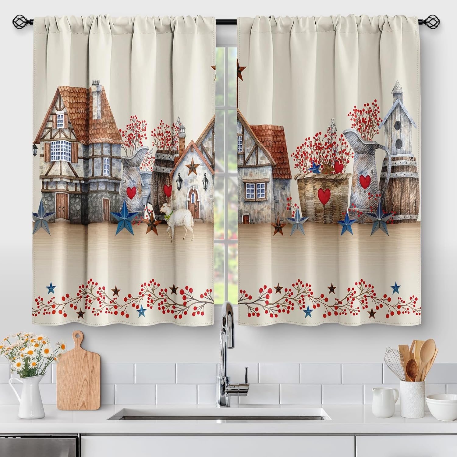 Country House Kitchen Curtains - Retro Hearts and Stars Farmhouse Small ...