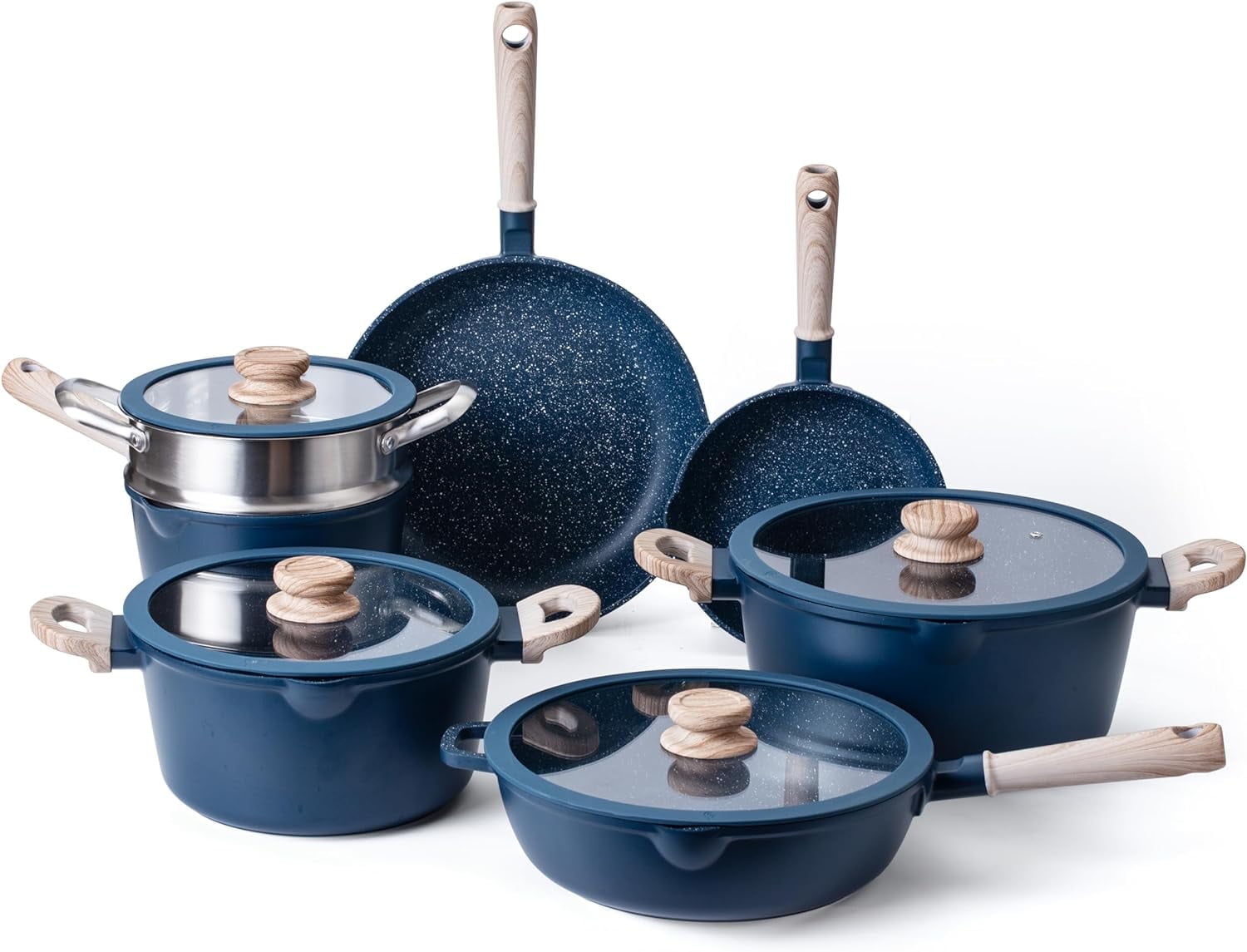 Country Kitchen 11-Pc Cast Aluminum Cookware Set Non Stick Pots and Pan Set, Navy Round ...