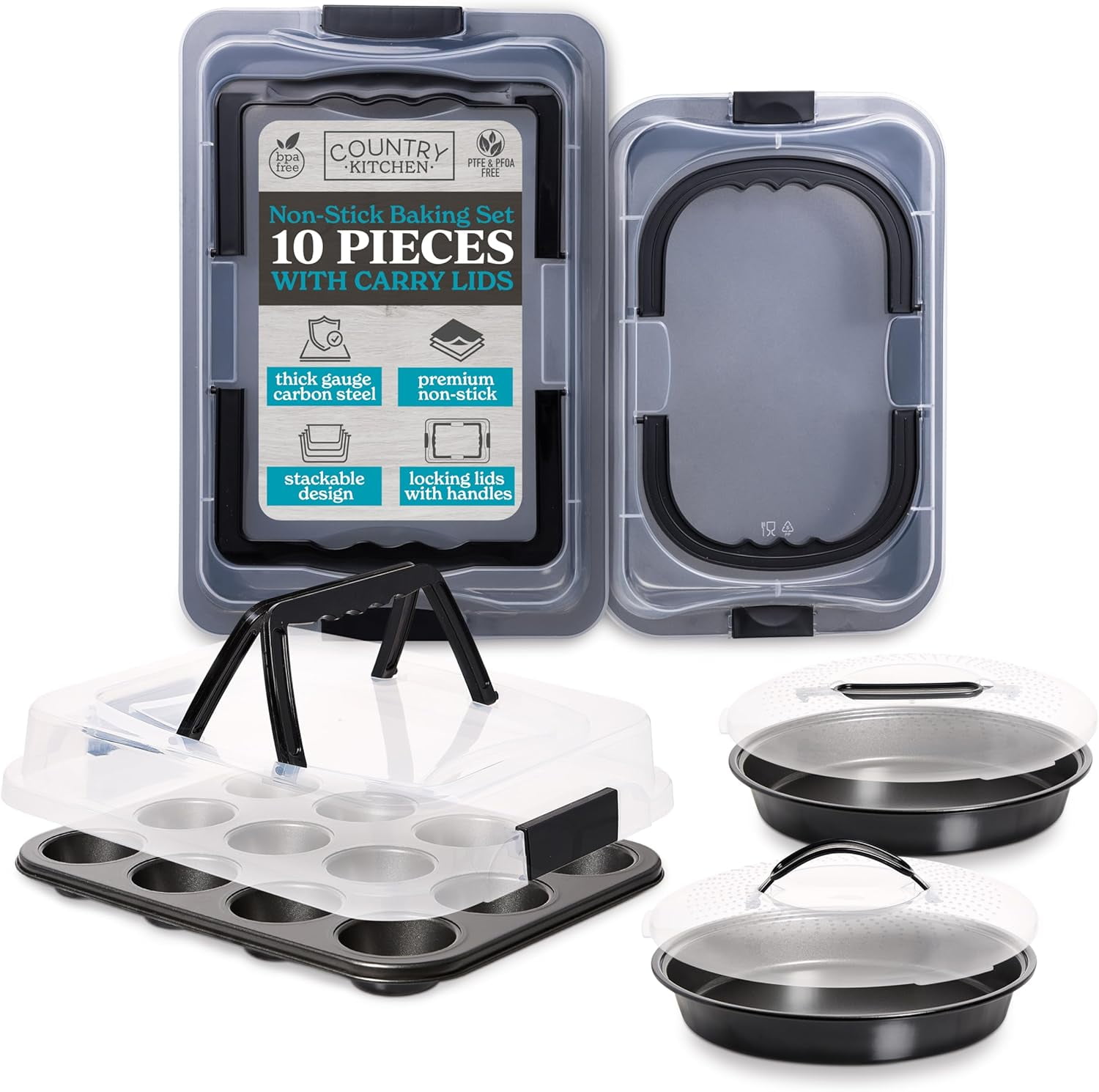 Country Kitchen Baking Pans Set - 10 Piece Non-Stick Cake Pans with ...