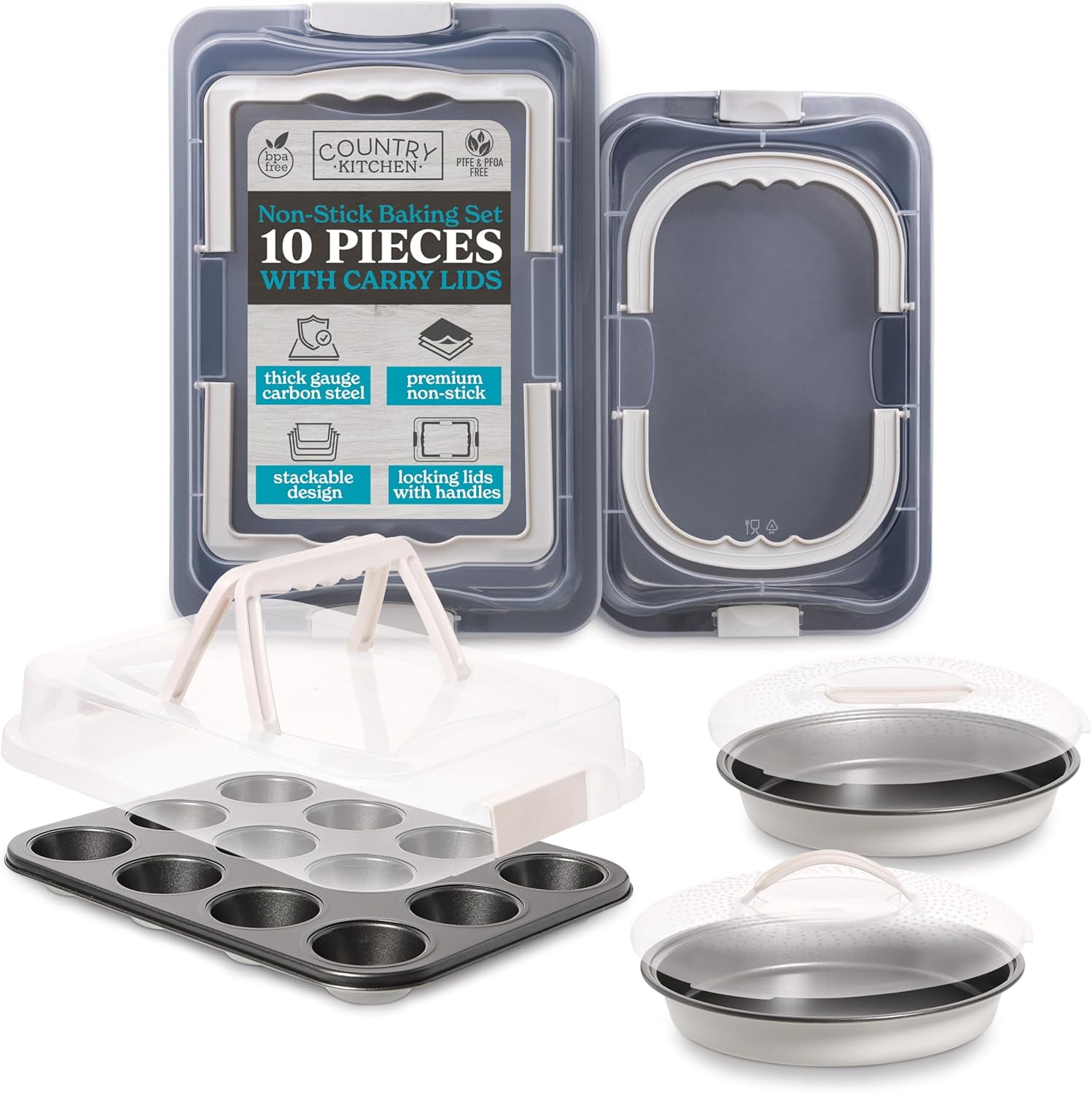 Country Kitchen Baking Pans Set - 10 Piece Non-Stick Cake Pans with ...