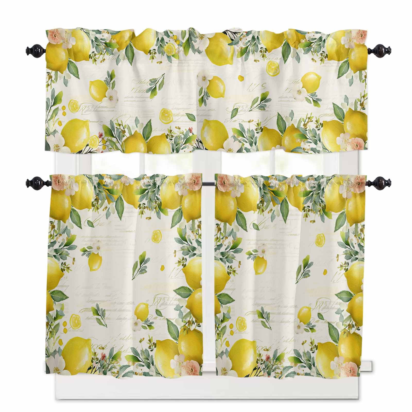 Country Kitchen Curtains Valance and Tier Set Vintage Yellow Lemon ...