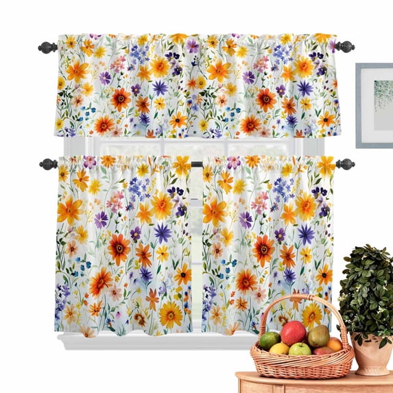 Country Kitchen Curtains Valances 3 Piece Set, Watercolor Pastoral ...