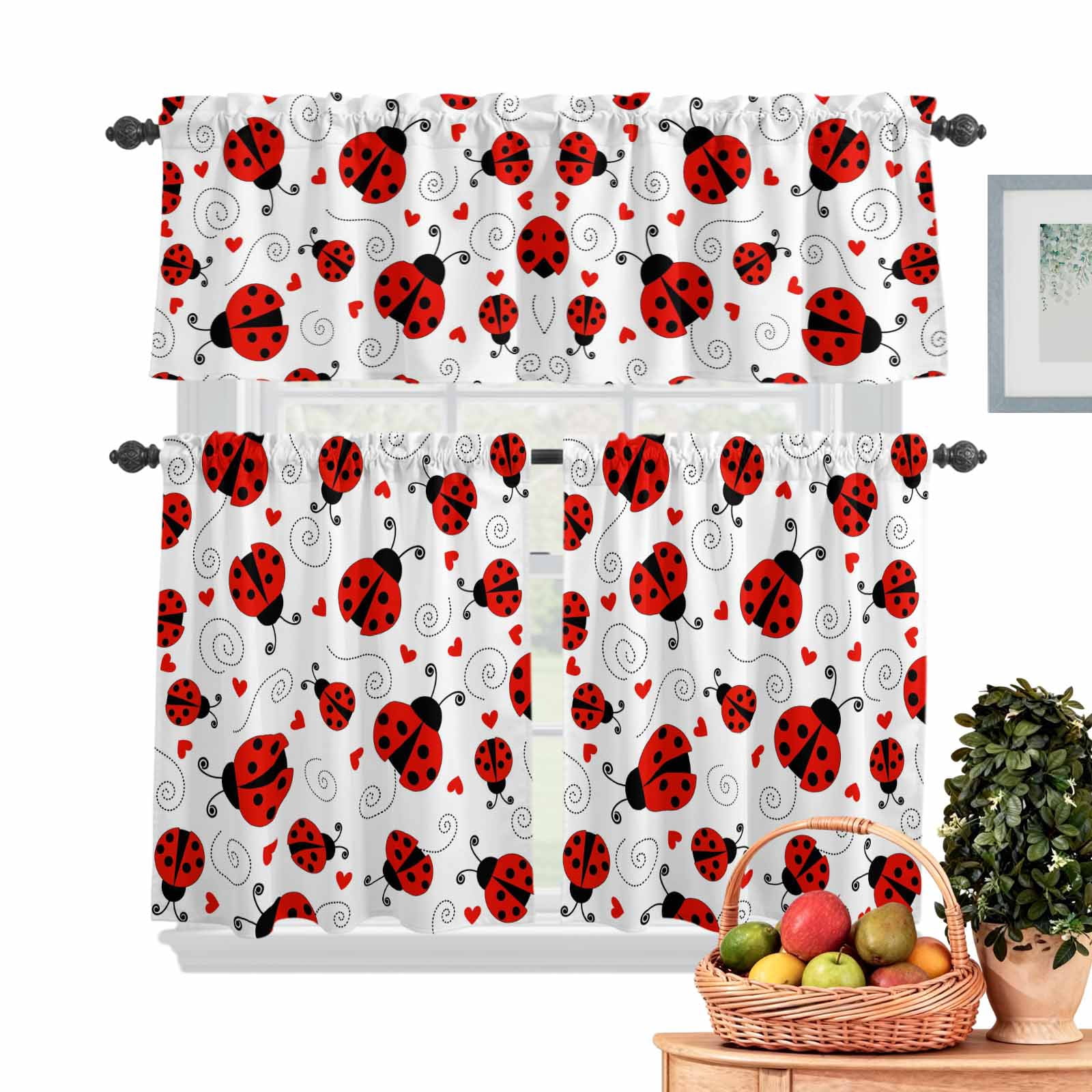 Country Ladybug Kitchen Curtains Valances 3 Piece Set, Love Farmhouse ...