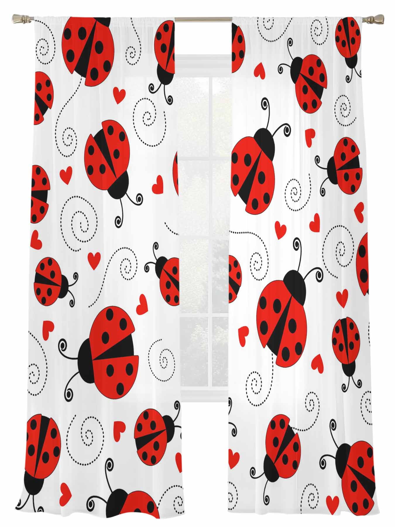 Country Ladybug Sheer Curtains 108 Inch Long 2 Panels, Love Farmhouse ...