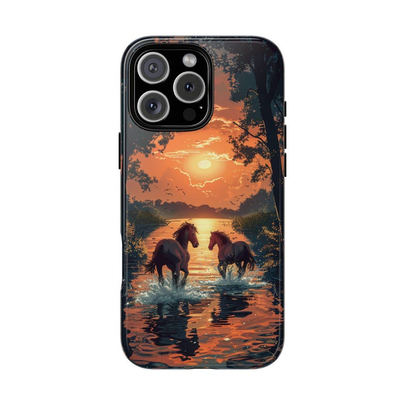 Country Lake Wild Horses Sunset Scenic Phone Case for 11 12 13 14 15 16 ...