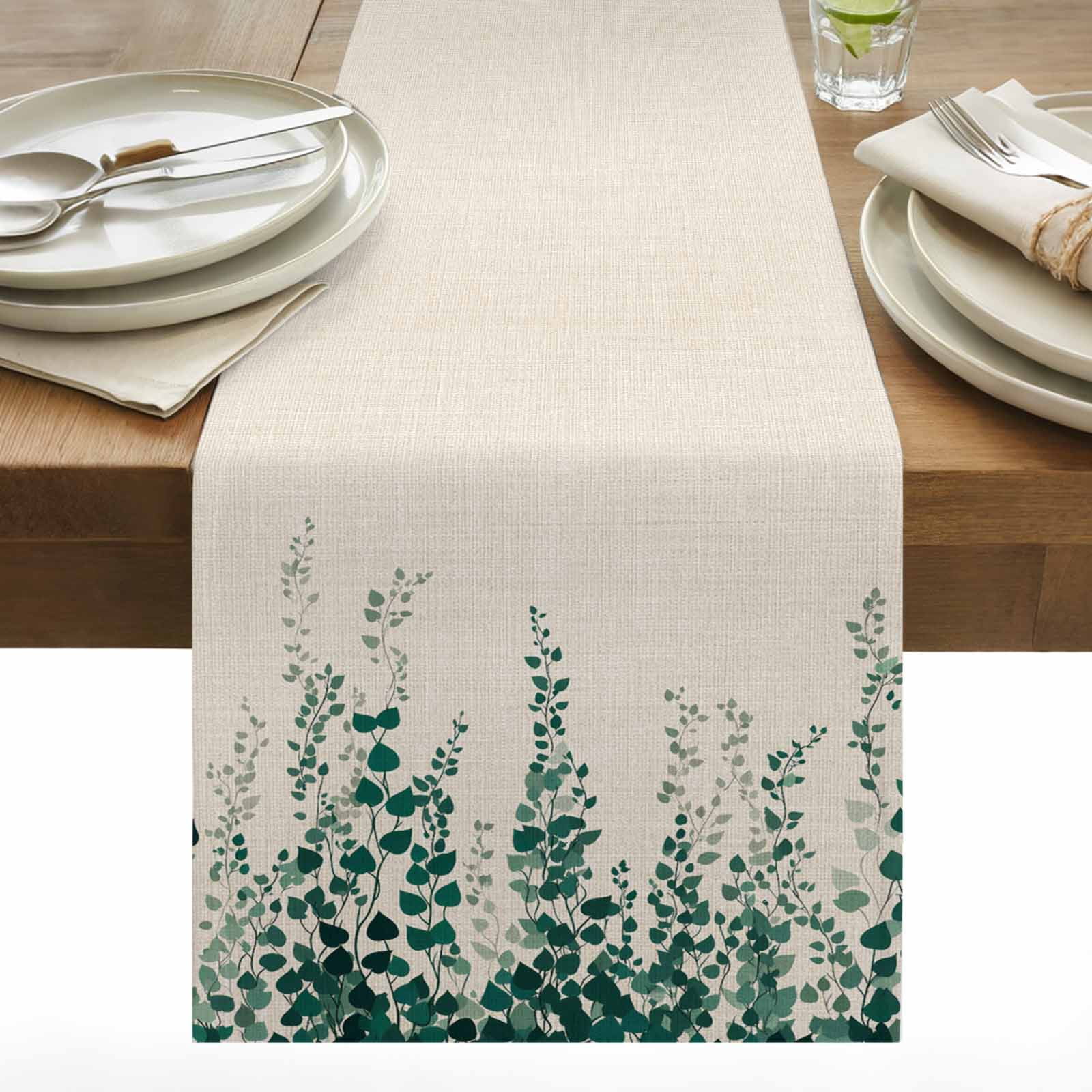 Country Leaf Cotton Linen Table Runner Spring Watercolor Green ...