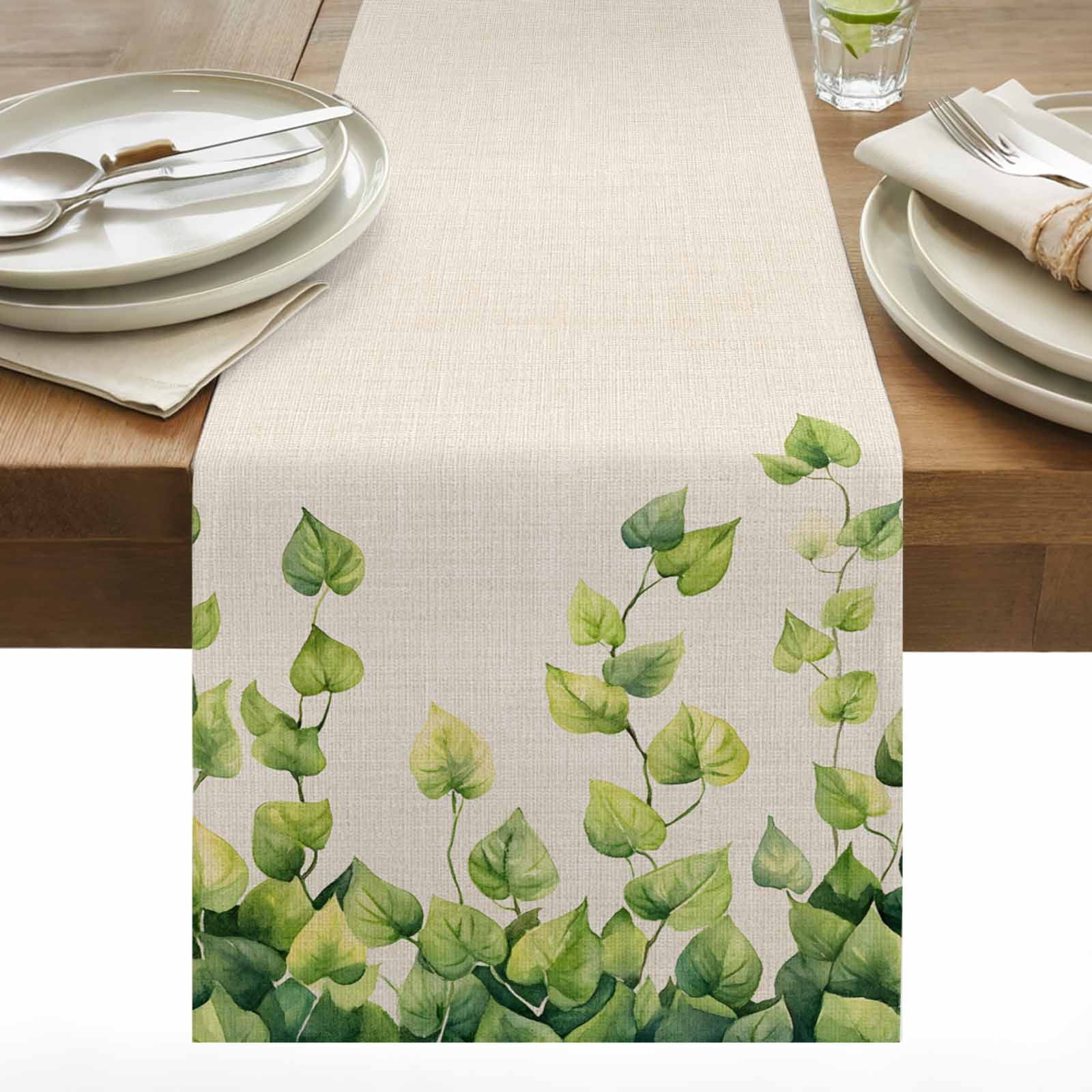 Country Leaf Cotton Linen Table Runner Watercolor Green Eucalyptus ...