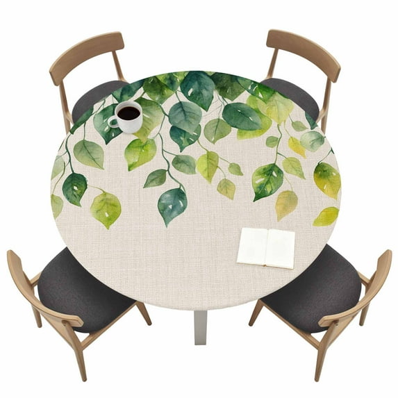 Country Leaf Round Fitted Tablecloth with Elastic Edge Watercolor Green ...