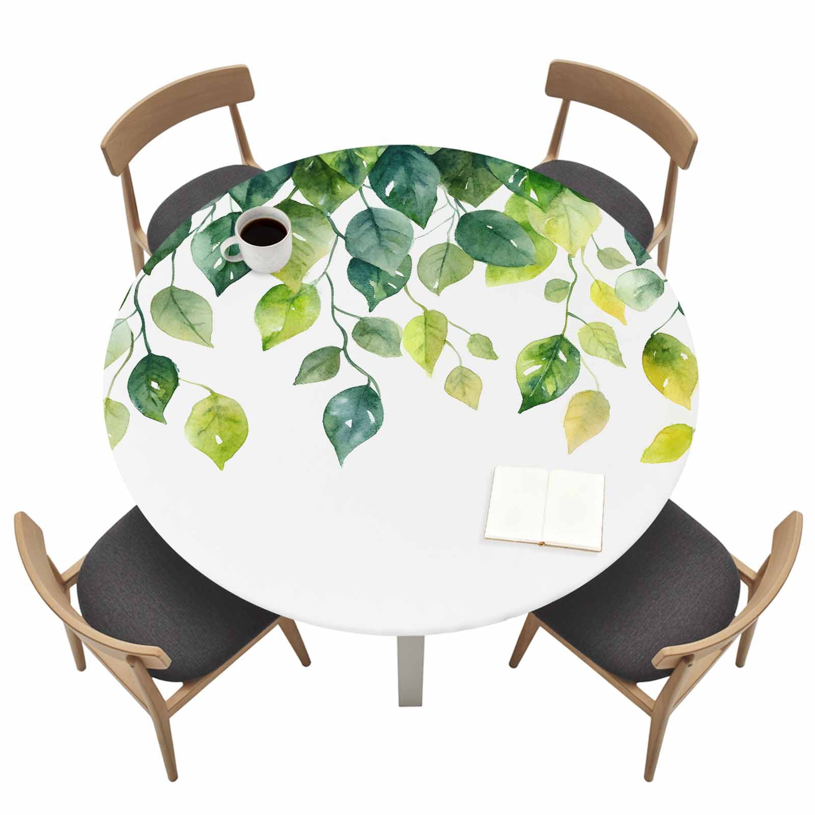 Country Leaf Round Fitted Tablecloth with Elastic Edge Watercolor Green ...