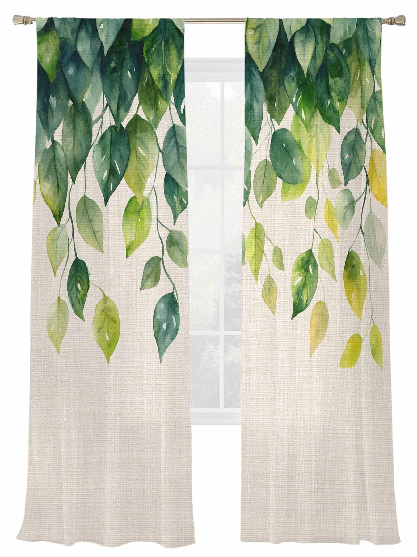 Country Leaf Sheer Curtains 2 Panels Set Watercolor Green Eucalyptus ...