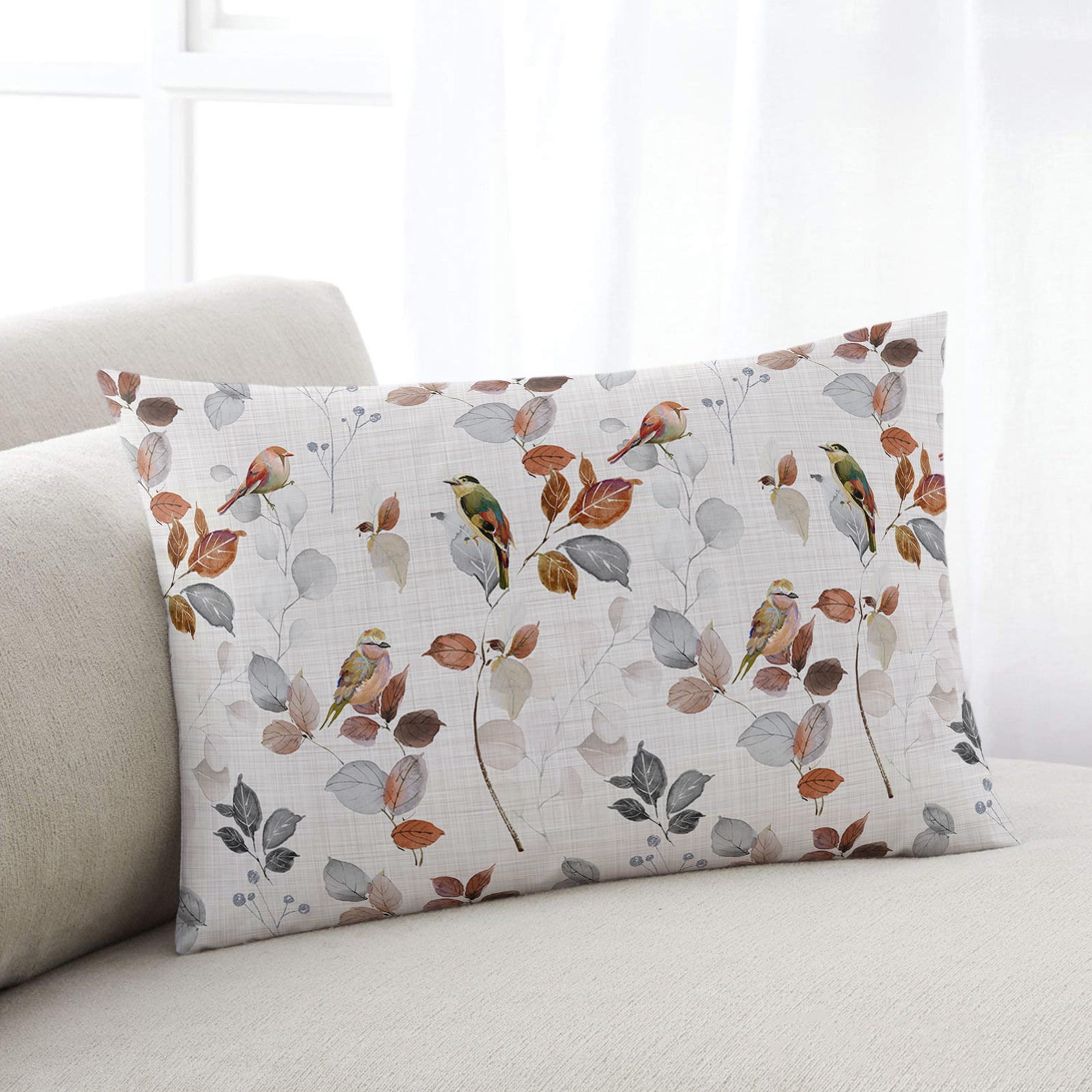 Country Leaf Throw Pillow Cover, Orange Seasonal Fall Birds Botanical ...