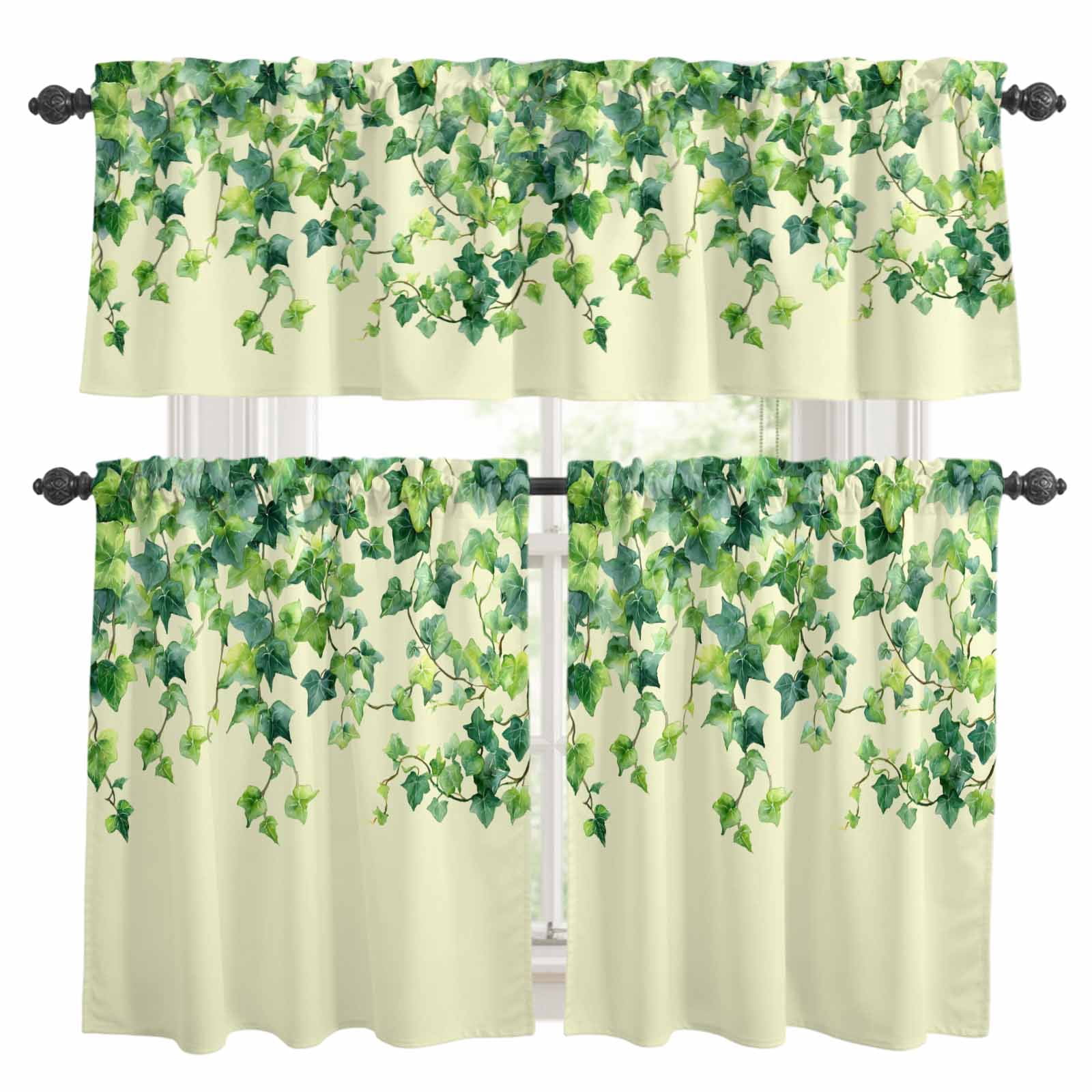 Country Leaves Kitchen Curtains Sets for Windows 36 Inch Length, Green ...