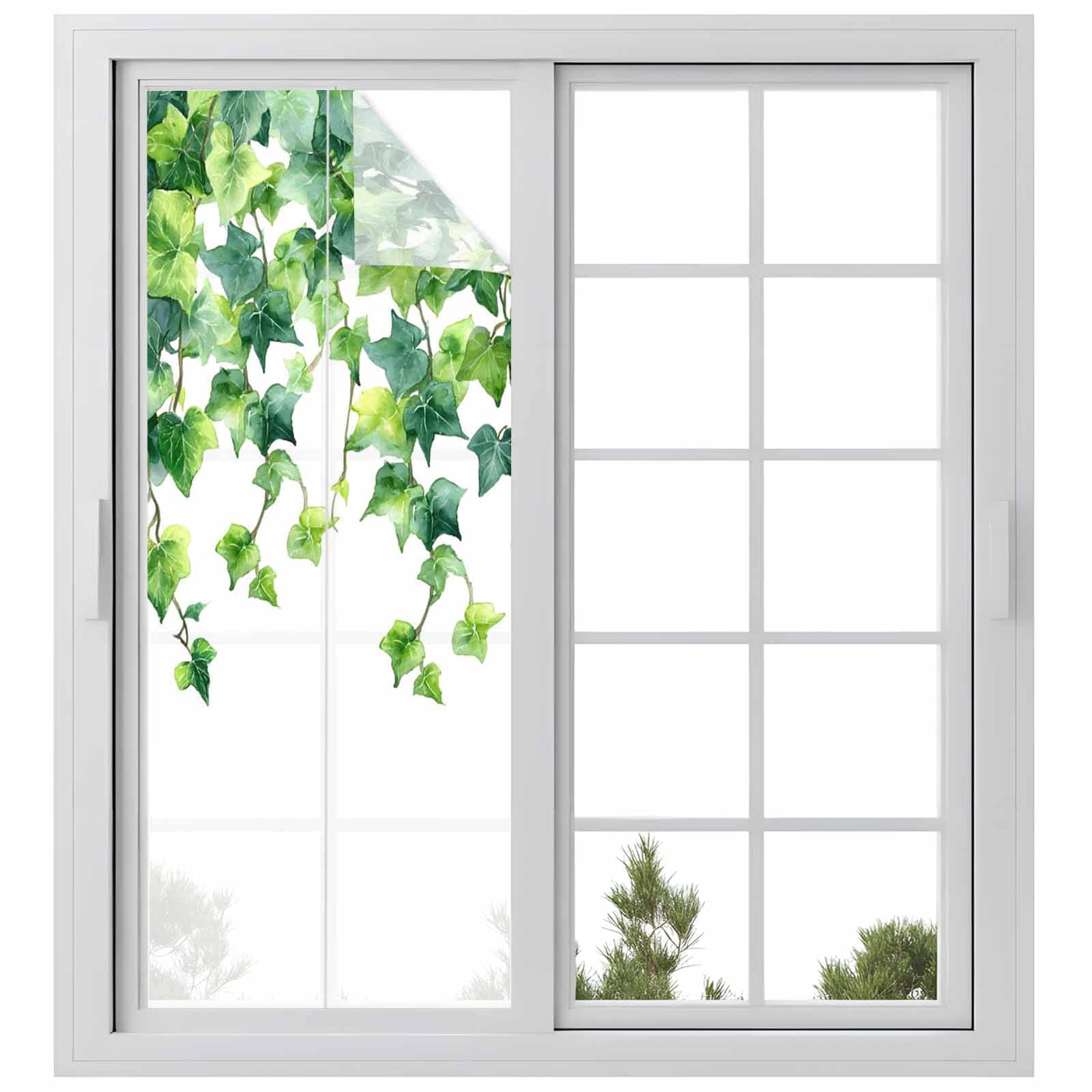Country Leaves Window Privacy Film, Watercolor Green Leaf Branches Vine ...