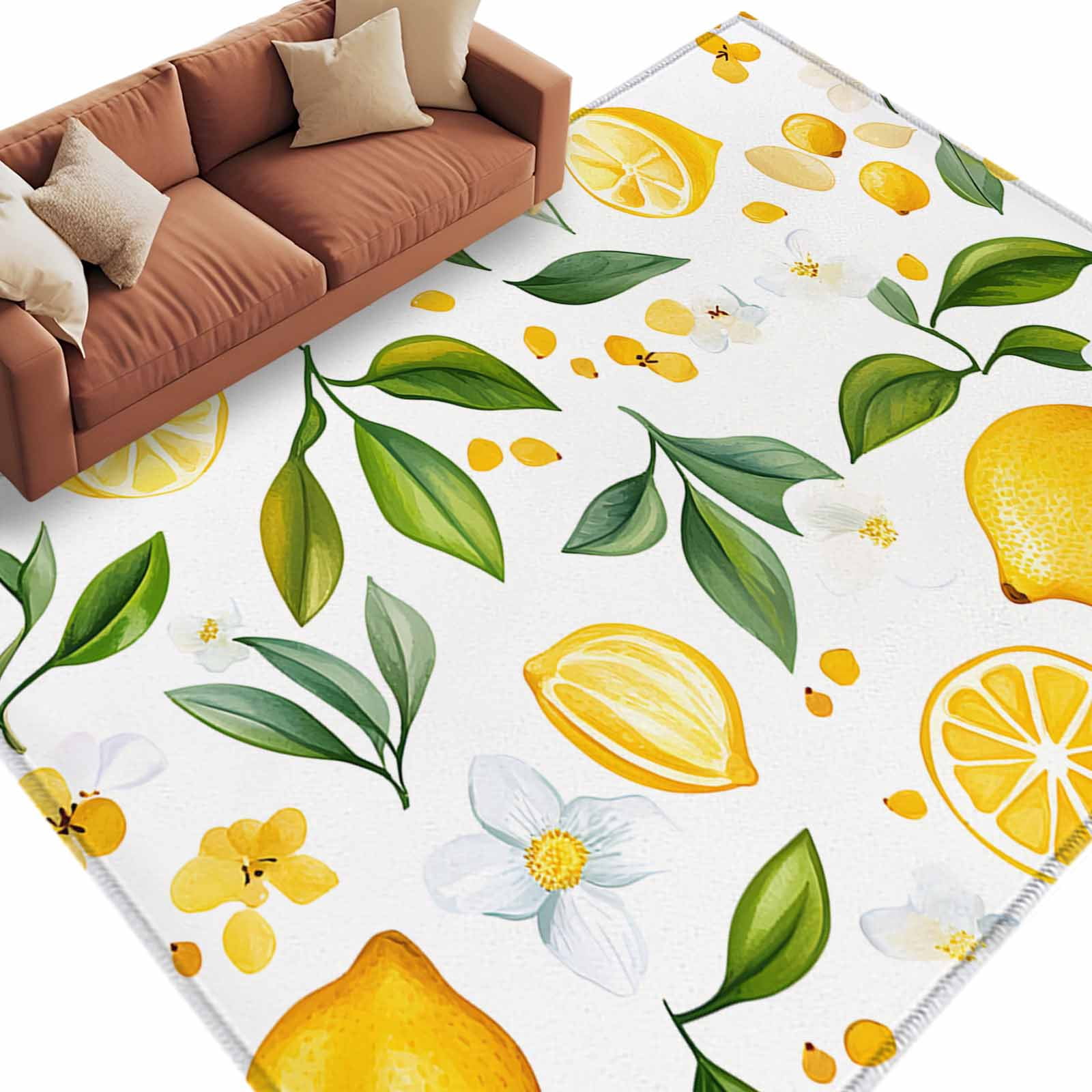 Country Lemon Area Rug 8x10ft Leaf Flowers Watercolor Plants Minimalist ...