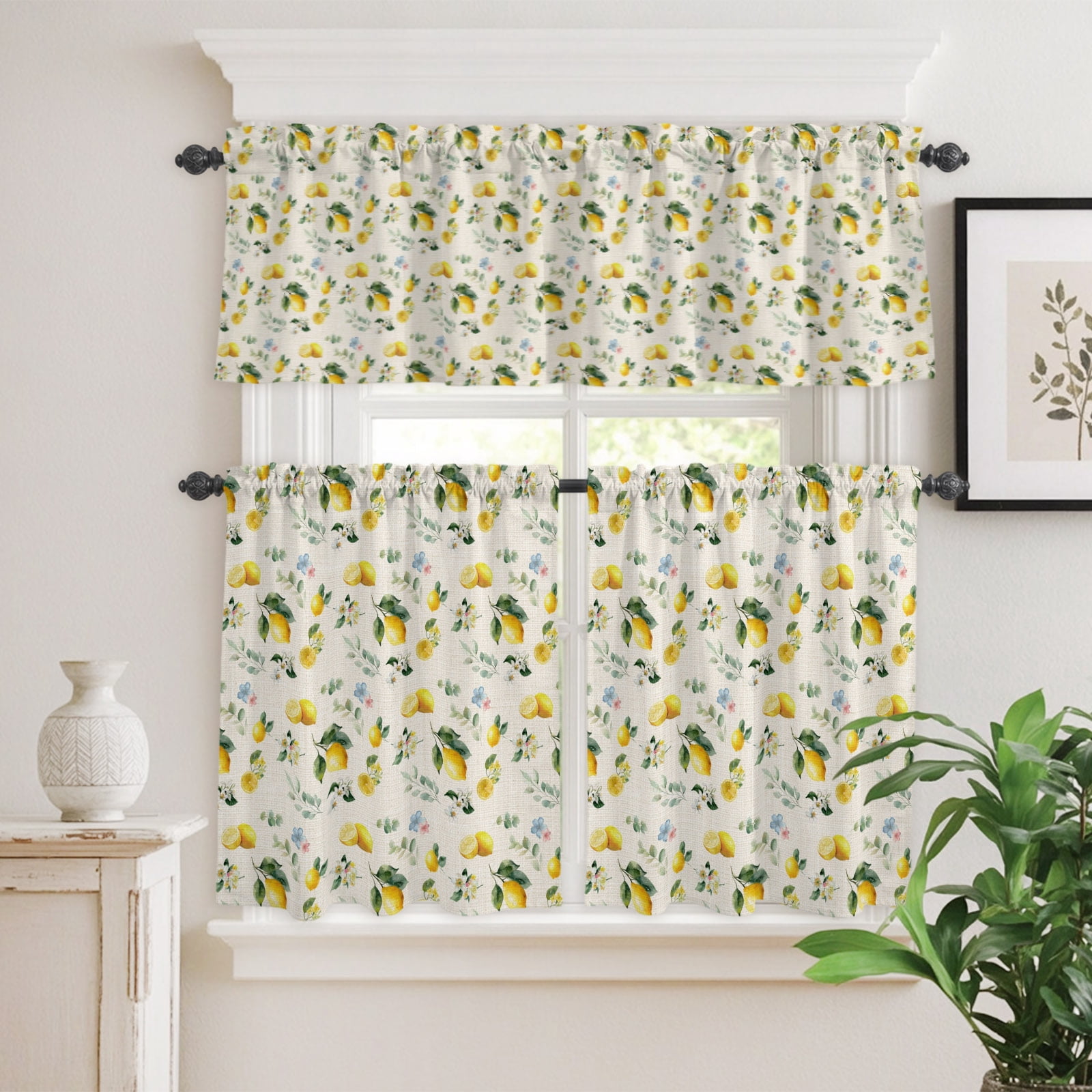 Country Lemon Flower Leaf Curtain Tier and Valance Set 3 Piece,Pastoral ...