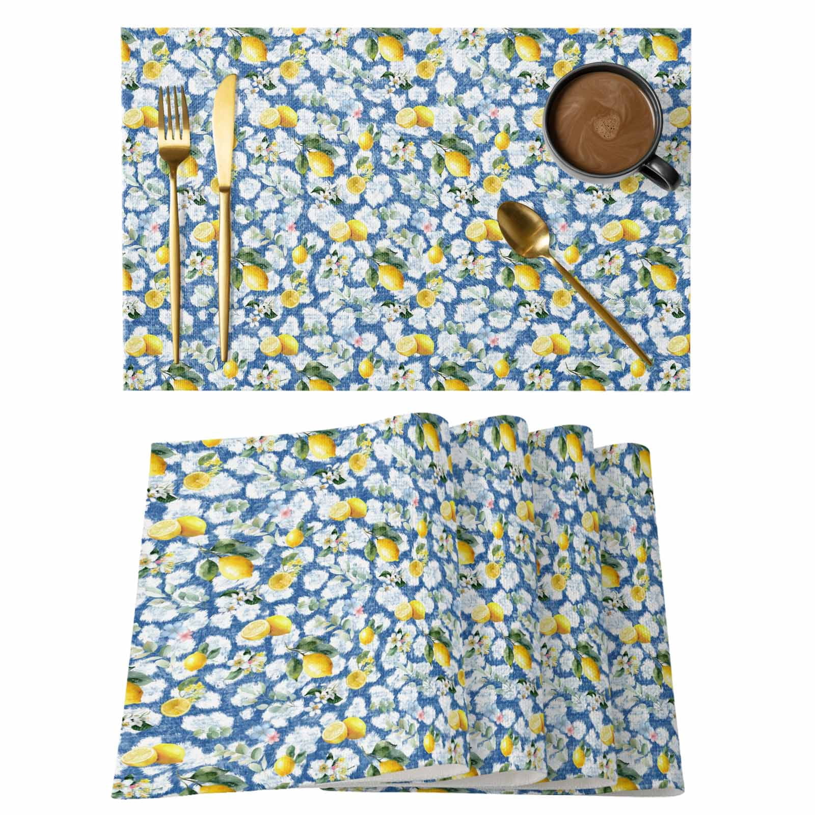 Country Lemon Leaves Flower Placemats Set of 6,Wipeable Washable Table ...
