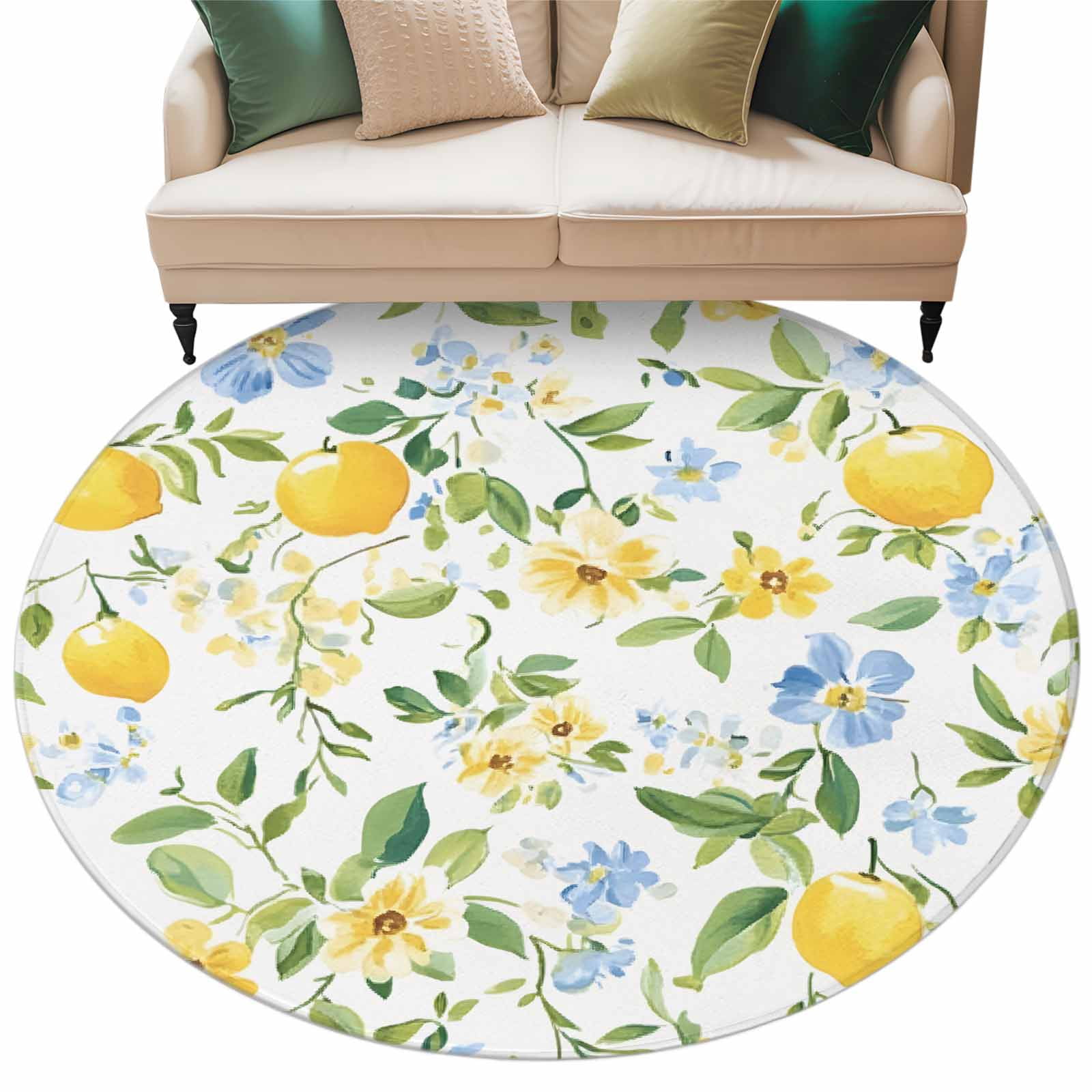 Country Lemon Round Area Rug 6ft with Green Leaf Blooming Floral ...