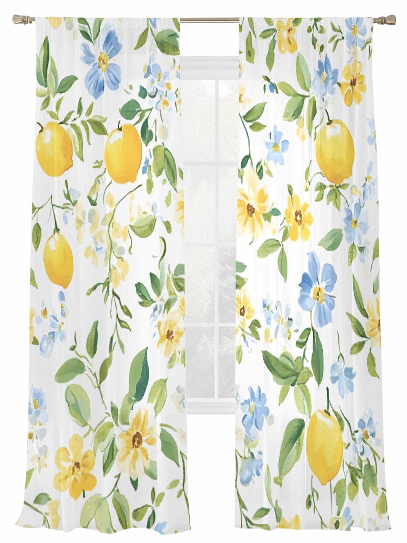 Country Lemon Sheer Curtains 2 Panels Set with Green Leaf Blooming ...