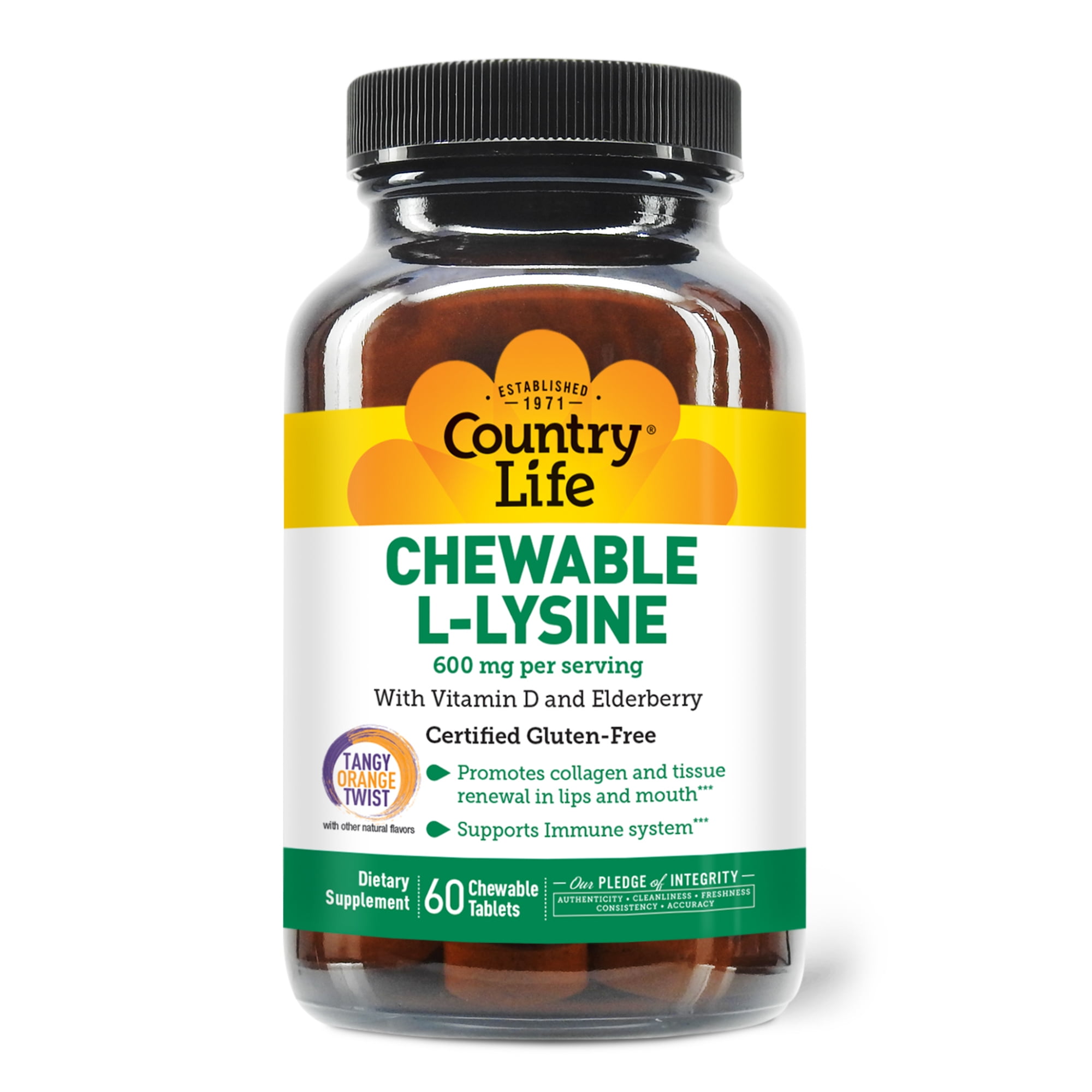 Country Life Chewable L-Lysine, Vitamin D, Elderberry, Tangy Orange ...