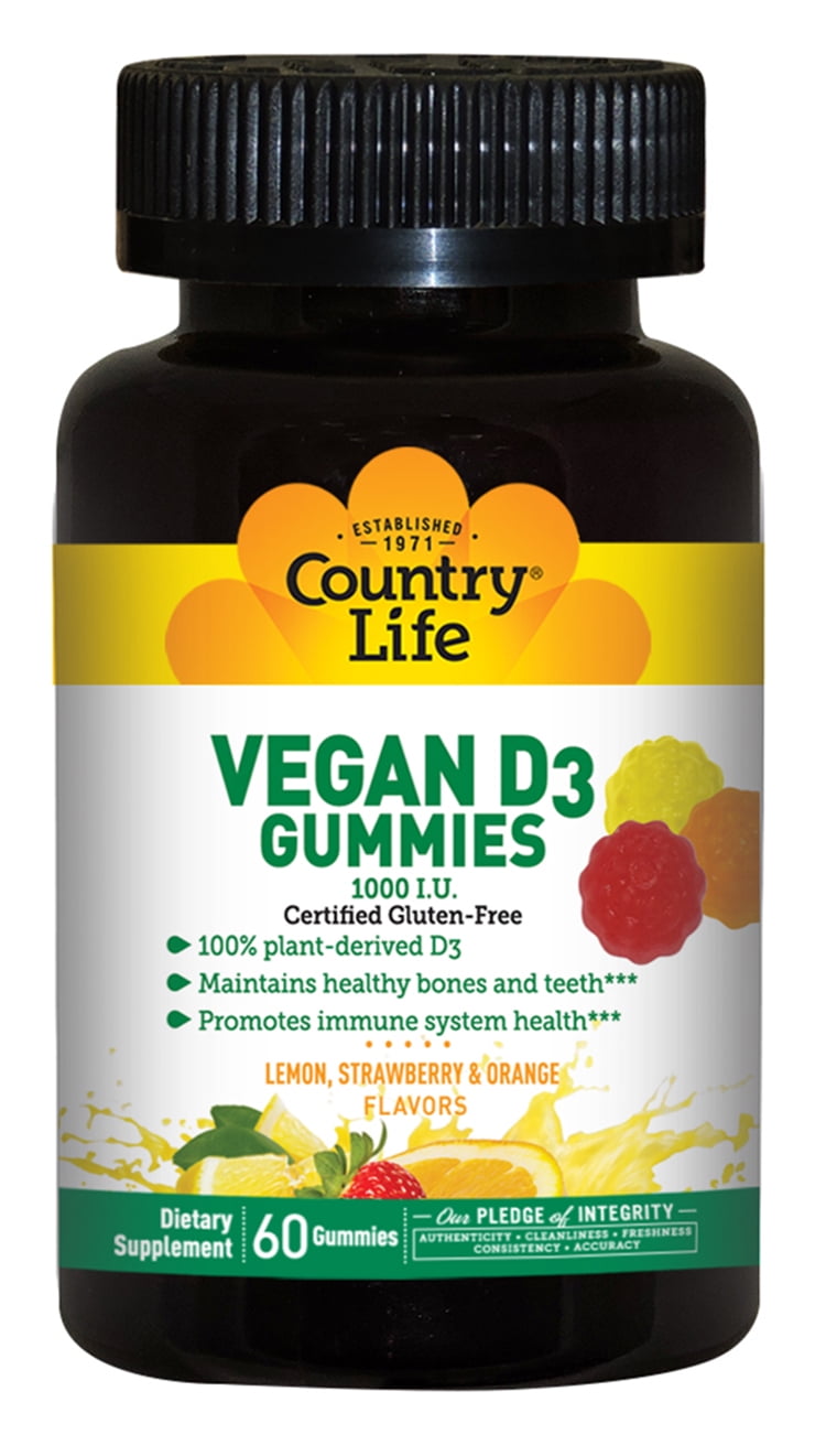 Country Life Vegan D3 Gummies, Lemon, Strawberry & Orange Flavors, 25 ...