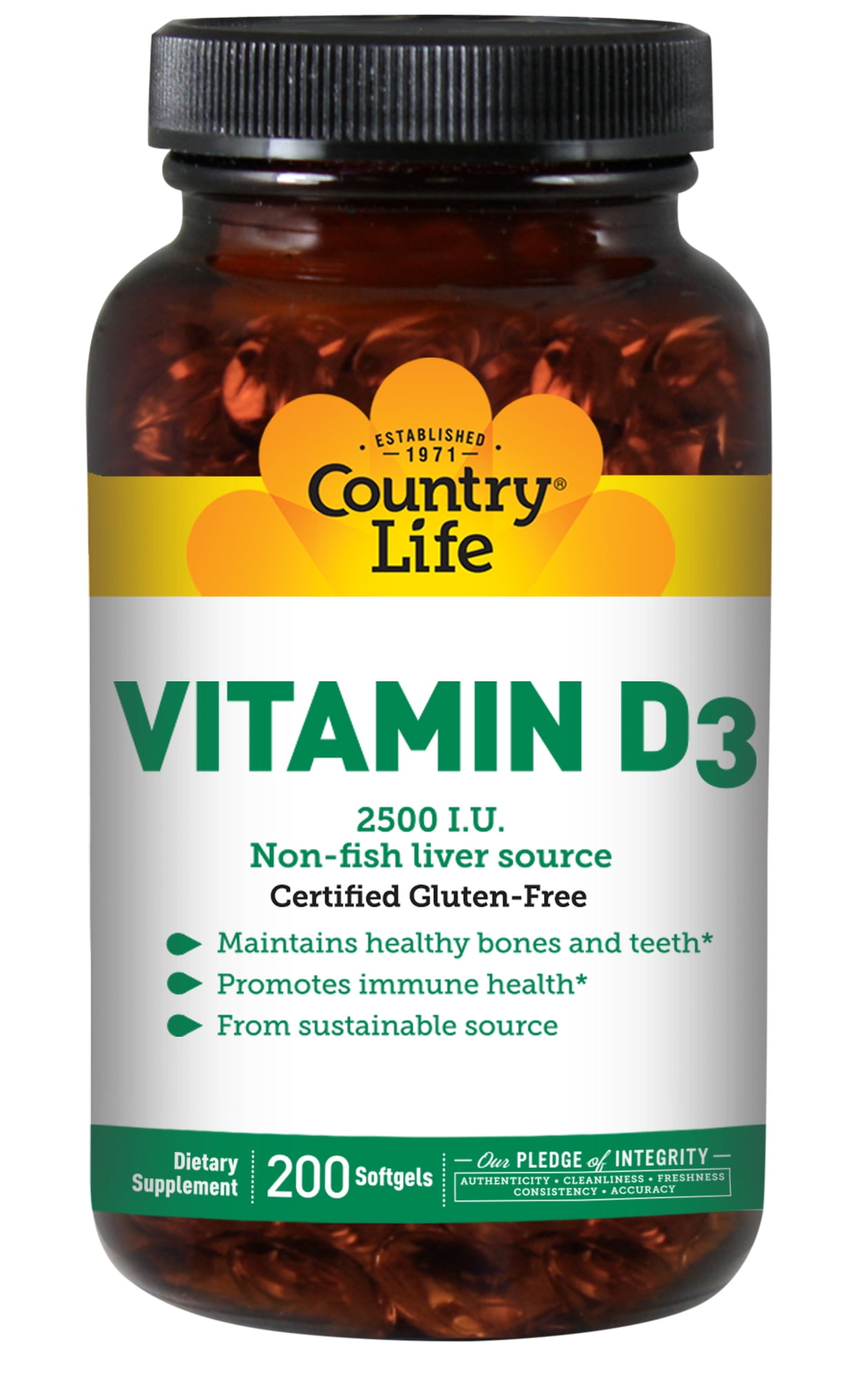 Country Life Vitamin D3, 62.5 mcg (2,500 I.U.), 200 Softgels for ...