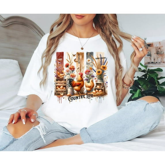 Country Life Watercolor Farm Scene Graphic Tee with Chickens Eggs ...